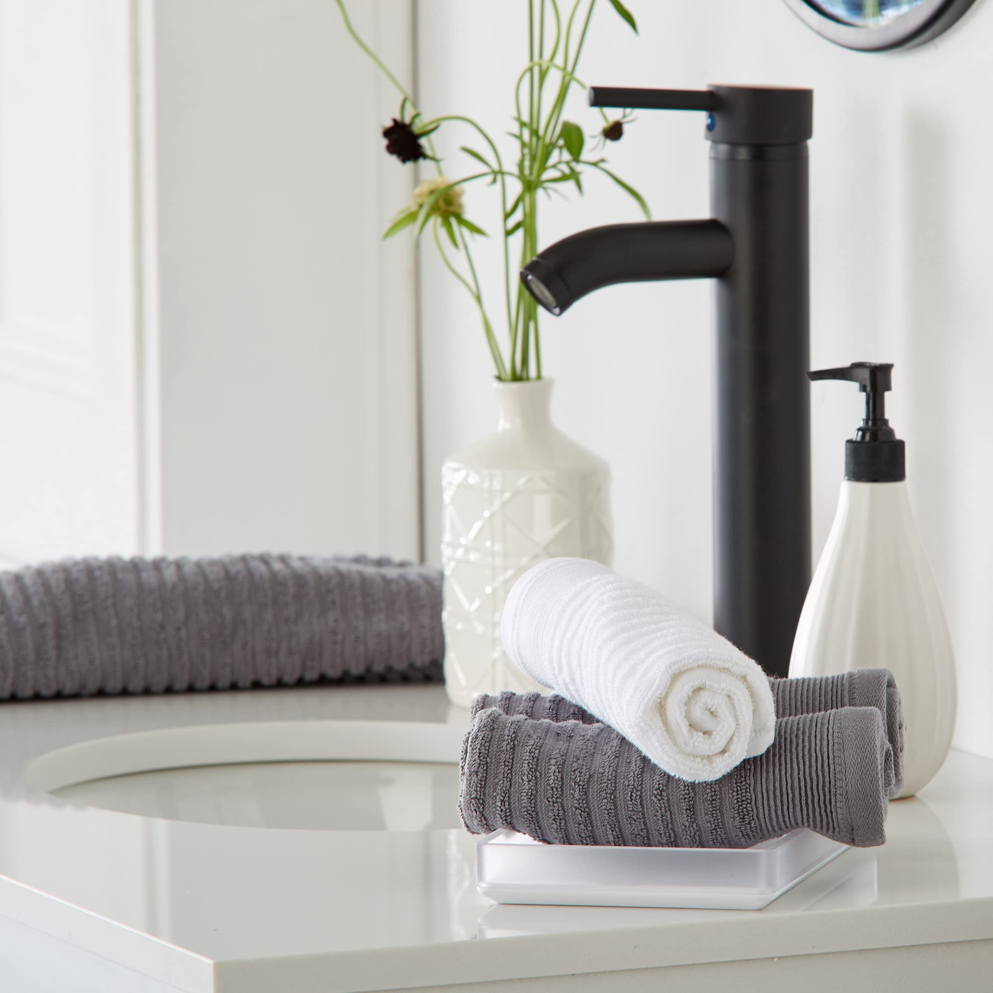 Great Bay Home 100% Cotton Ribbed Terry Bathroom Towels. Absorbent Quick-Dry Plush Bath Towels. Rori Collection (Hand Towel (4-Pack), White)