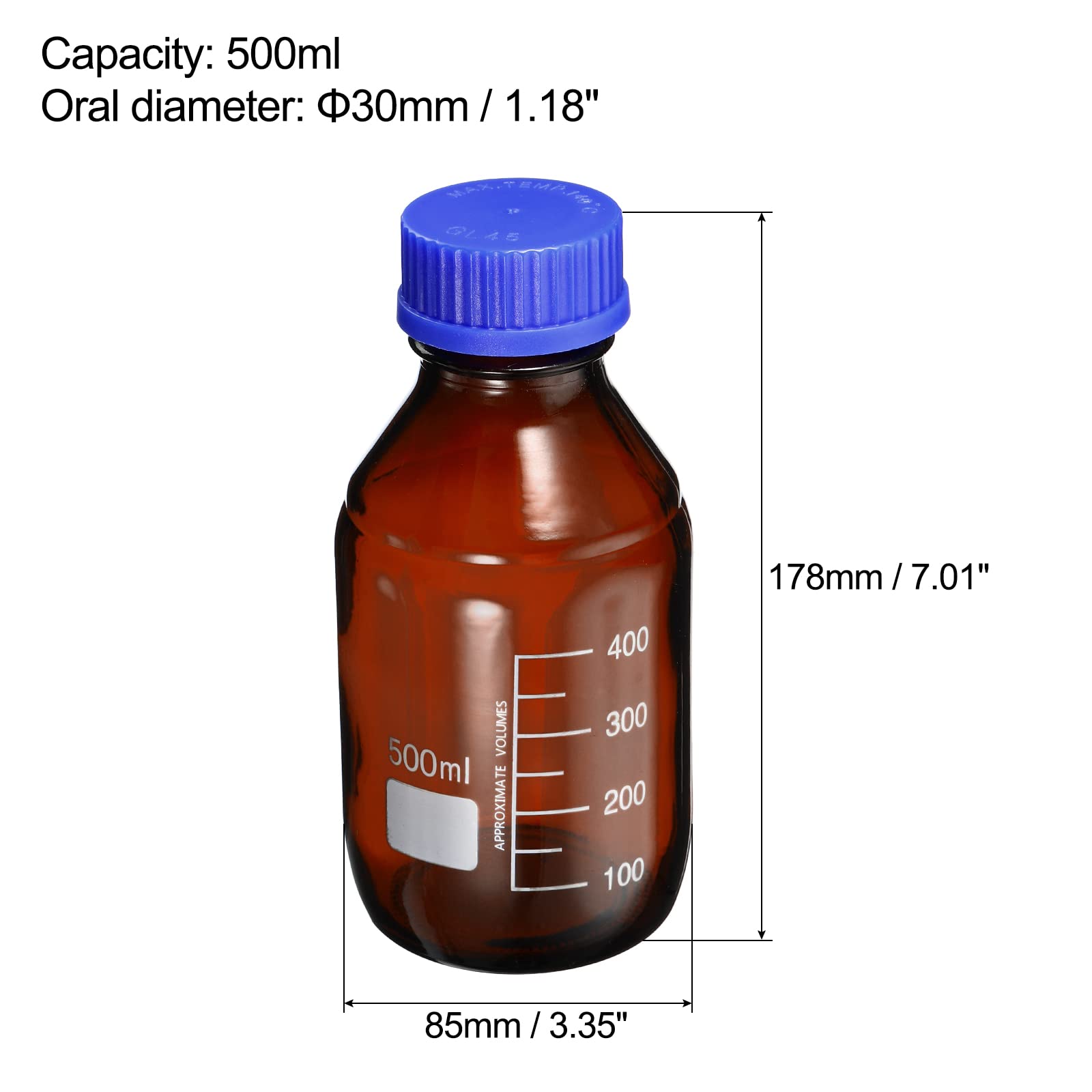 PATIKIL 500mL Reagent Media Bottle, 2Pcs Round Graduated Glass Storage Bottle Blue Screw Cap for Chemistry Lab Universities Home, Amber