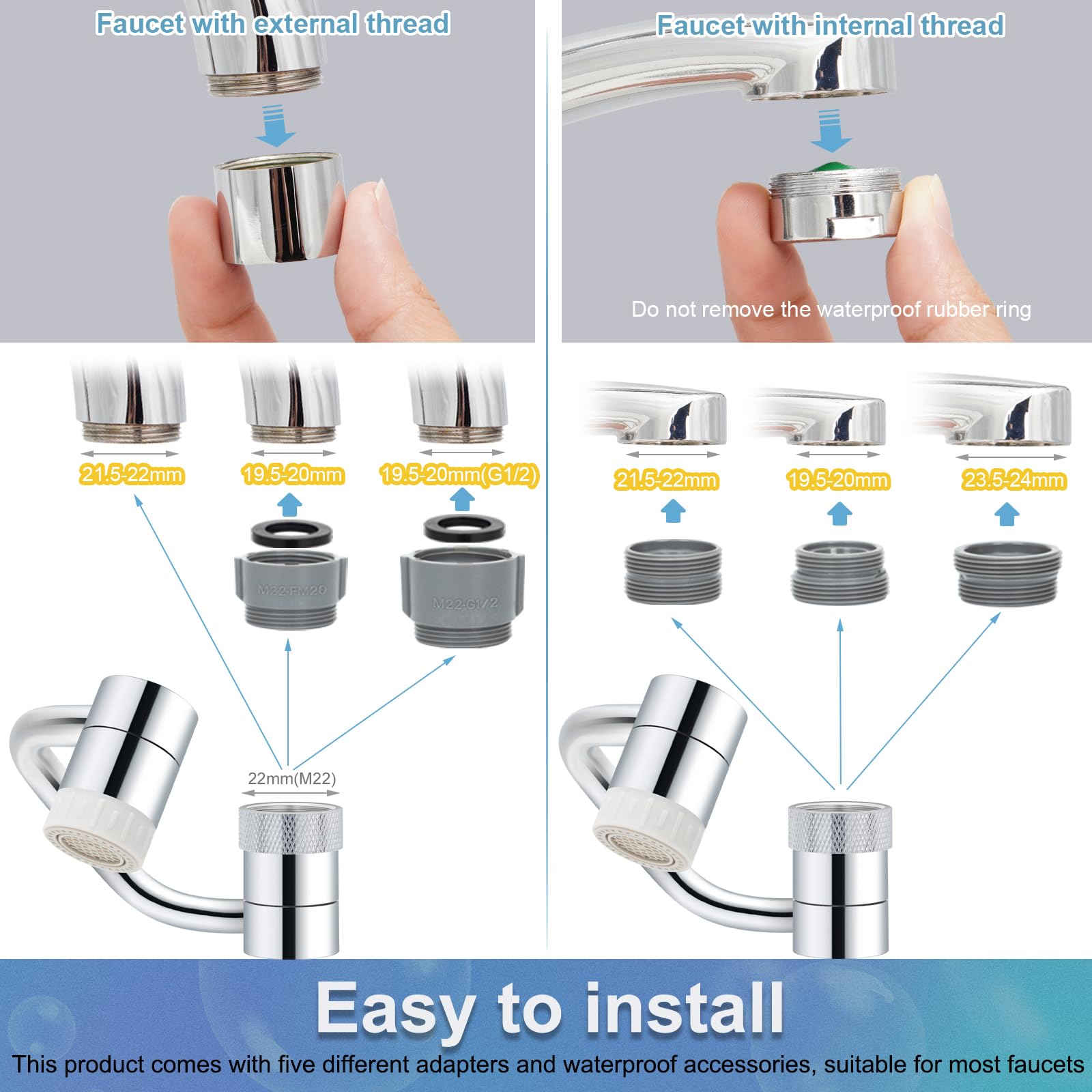 Water-Saving Faucet Aerator, Tap Extender Anti -Splash Sprayer Head Replacement Shower Nozzle for Kitchen (1080° swing)