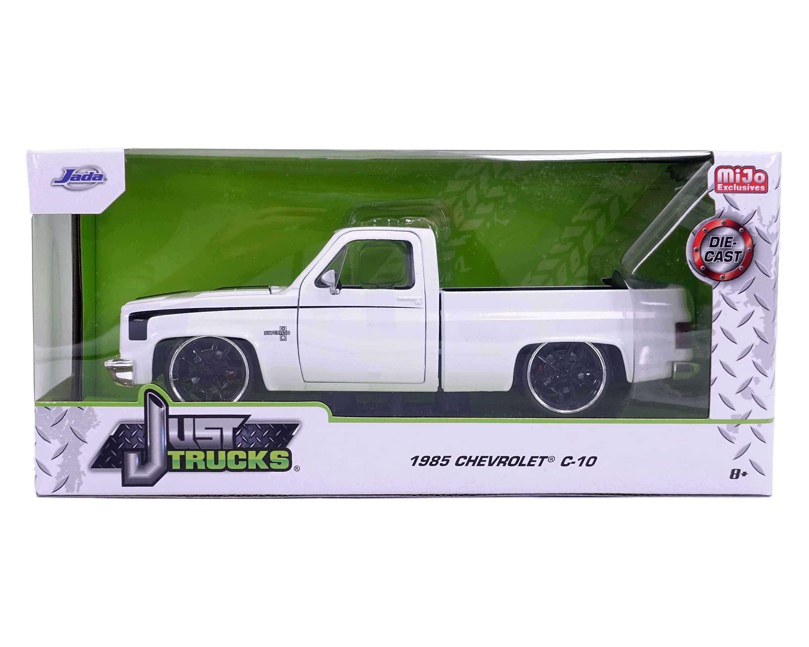 MiJo Exclusives Jada Toys 1:24 1985 Chevrolet C10 - White with Black Stripes - Just Trucks - 34317