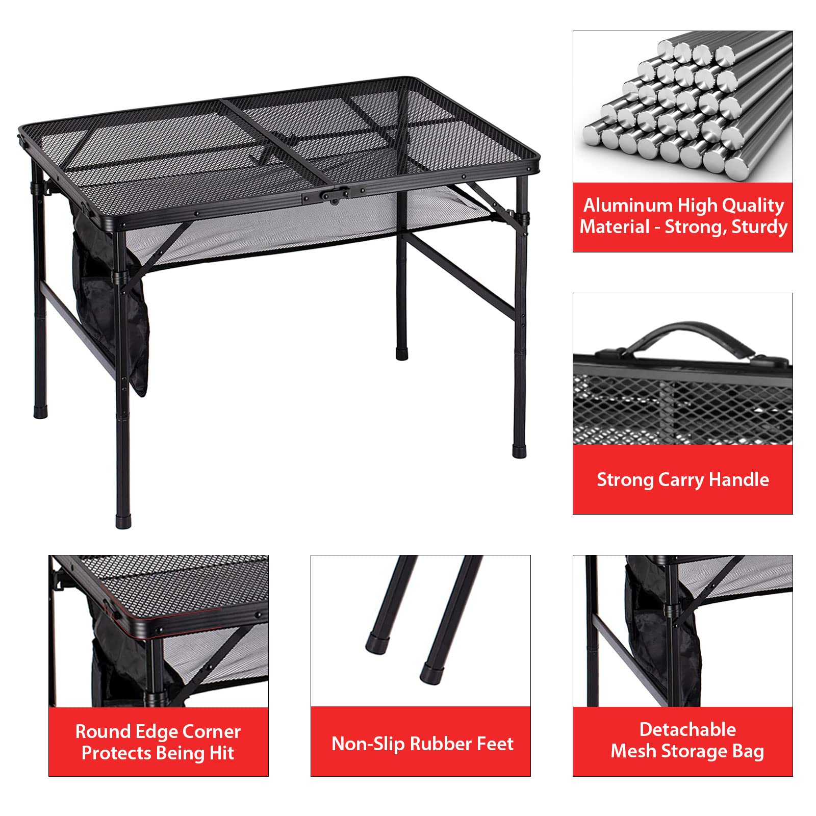 Kweetle Foldable Camping Table, Aluminum Camp Grill Table Height Adjustable, Portable Table with Mesh Bag, Picnic Tables for Outdoors, RV, BBQ, Garden, Cooking, Beach (35.4" x 23.6" x 26.4")