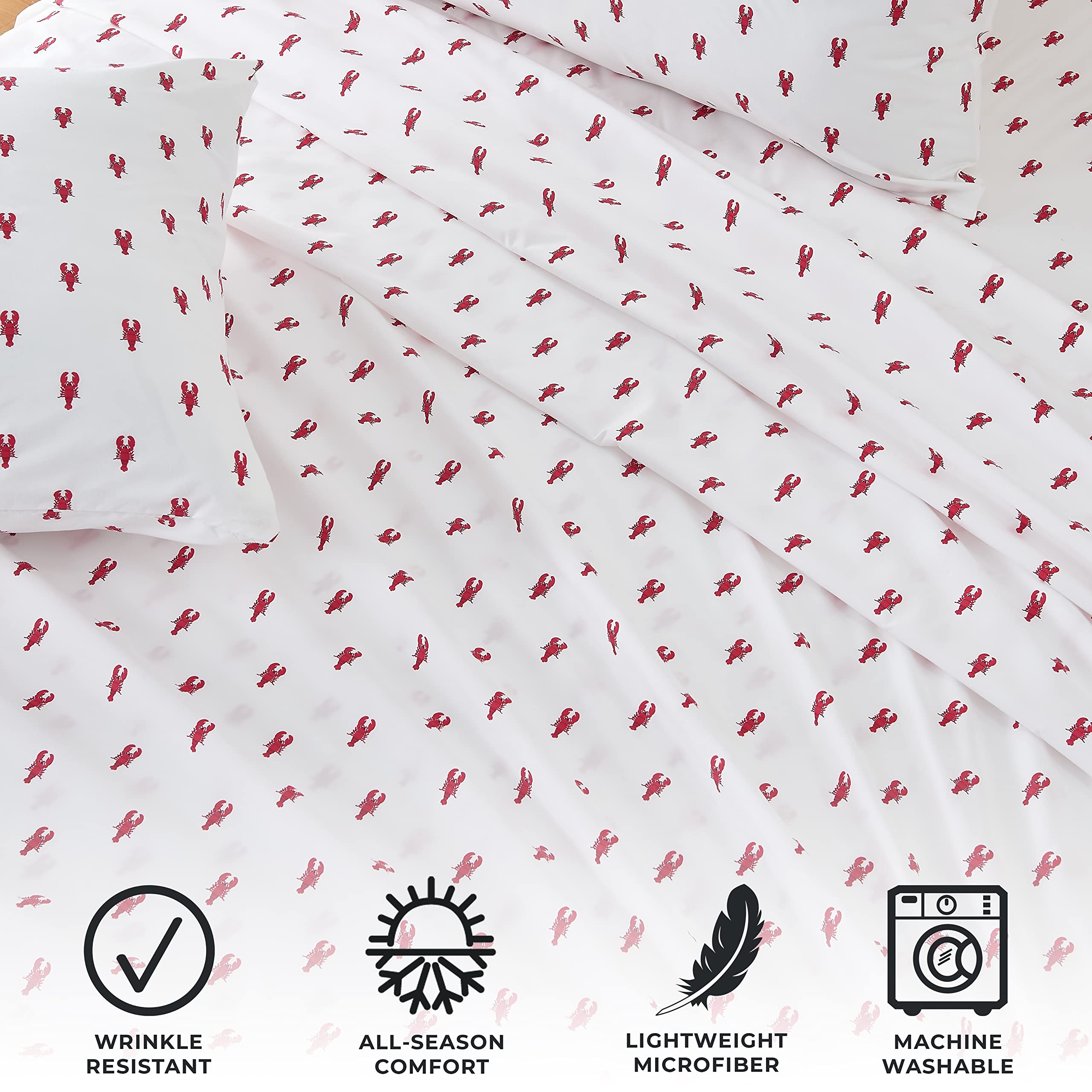 Great Bay Home 4-Piece King Coastal Microfiber Sheet Set | Nautical-Printed, Ultra-Soft Sheets | Wrinkle & Fade Resistant Beach-Themed Prints & Patterns Bedding Sheets & Pillowcases. (King, Lobster)