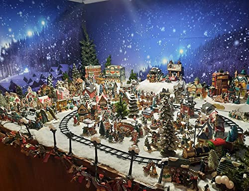 Leowefowa 5X3FT Christmas Backdrop Rustic Village Night View Forest Trees Snowing Shining Lights Blue Sky Winter Xmas Vinyl Photography Background Kids Children Newborn Photo Studio Props