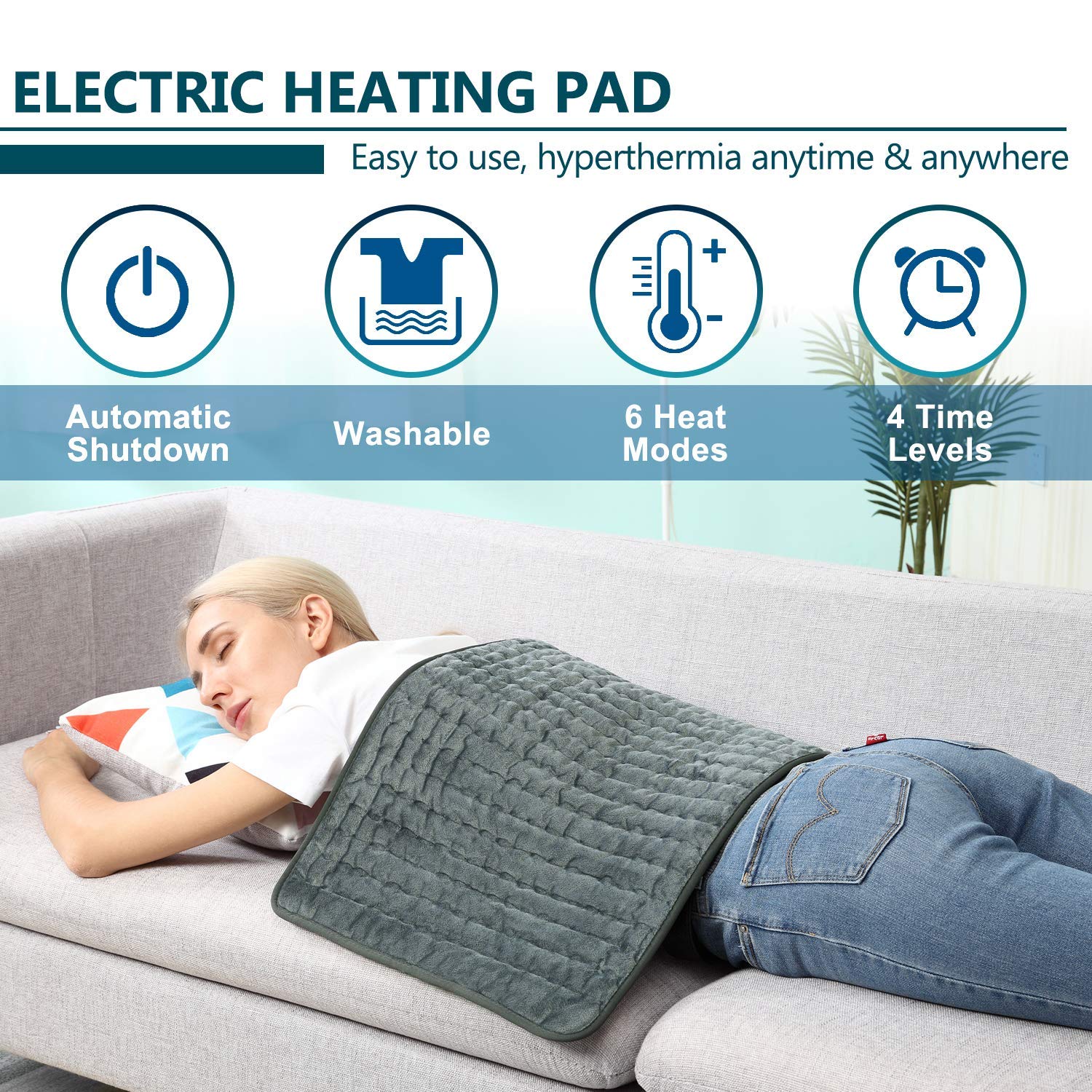 Heating pad Electric Heat Pad for Back Pain and Cramps Relax - Electric Heat Pad with 6 Heat Settings -Auto Shut Off (Dark Gray, 24“x12”)