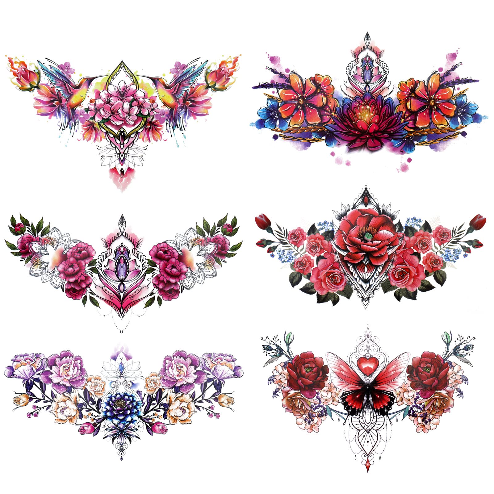 Konsait Colorful Chest Temporary Tattoos for Women Girls Large Adult Temporary Tattoos Rose Flower Jewel Fake Tattoos for Women Sexy Tattoos Last Long Realistic Body Tattoos on Chest Back Tummy