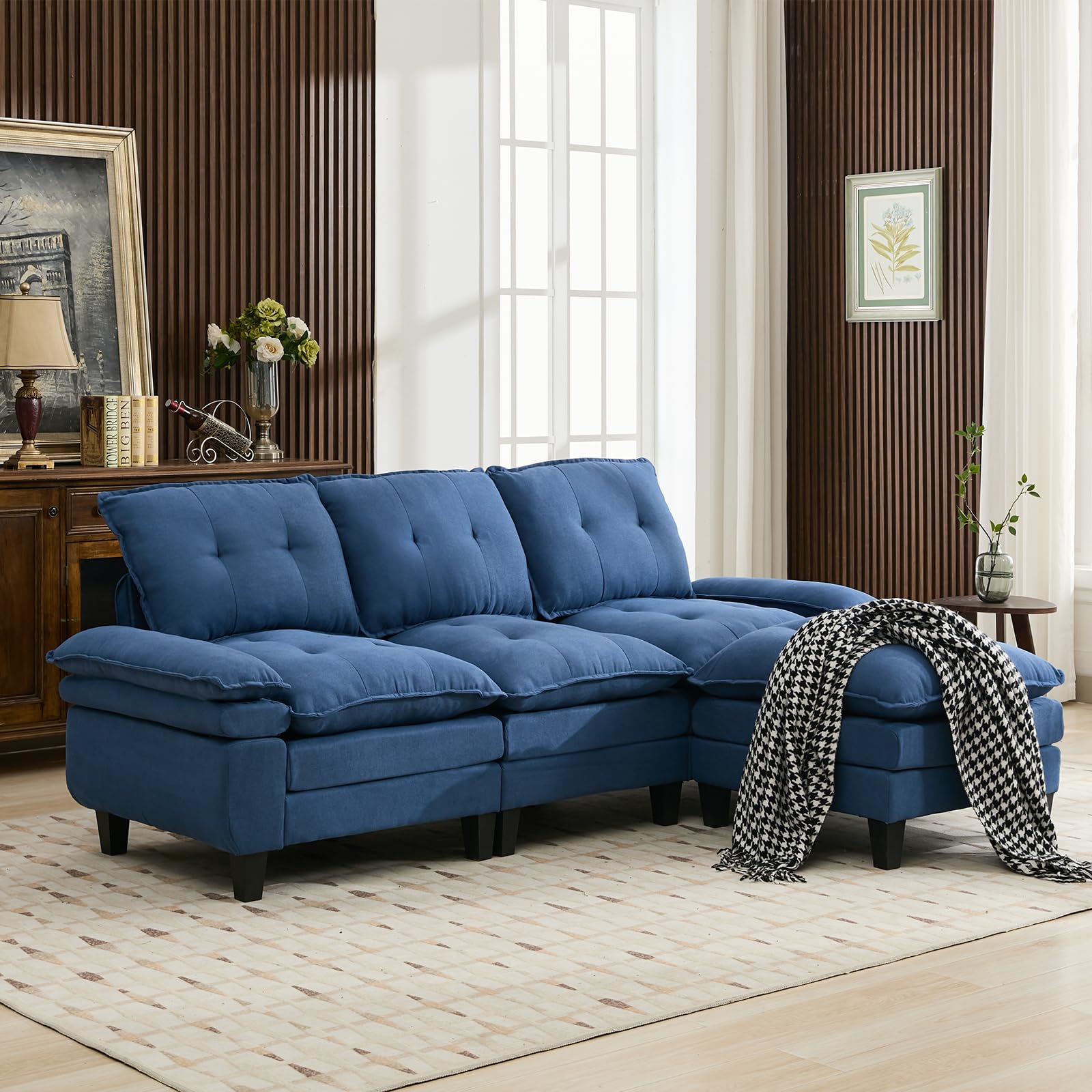Modern Sectional Cloud Couch Deep 3-Seat, L Shape Sofa Couch with Moveable Ottoman, Adjustable Wide Arm, Comfy Upholstered Sleeper Sofa for Living Room and Small Apartments, Office