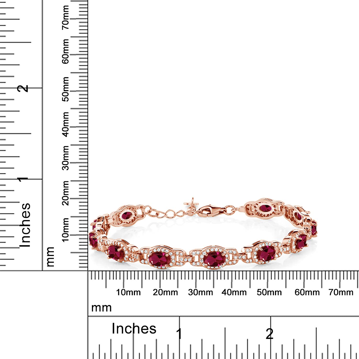 Gem Stone King 18K Rose Gold Plated Silver Red Created Ruby Tennis Bracelet For Women (14.60 Cttw, Oval 6X4MM, 7 Inch, With 1 Inch Extender)