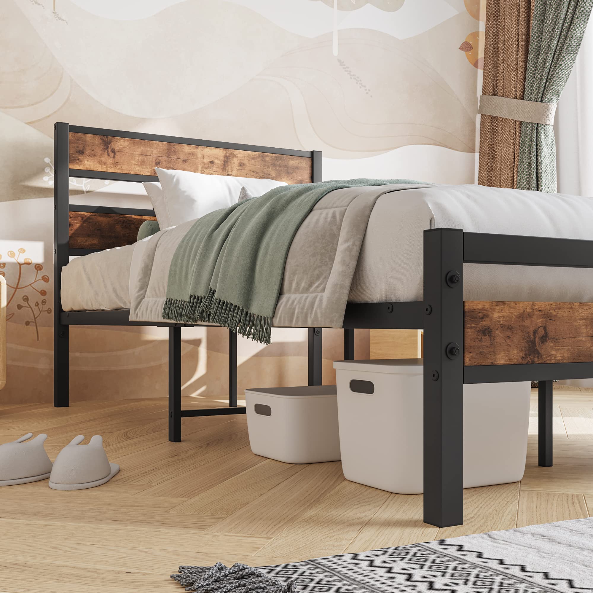 HOJINLINERO Queen Bed Frame with Wood Headboard,Platform Bed Frame Queen Size No Box Spring Needed,Heavy Duty Steel Slats, More Sturdy, Noise-Free,Easy Assembly/Rustic Brown