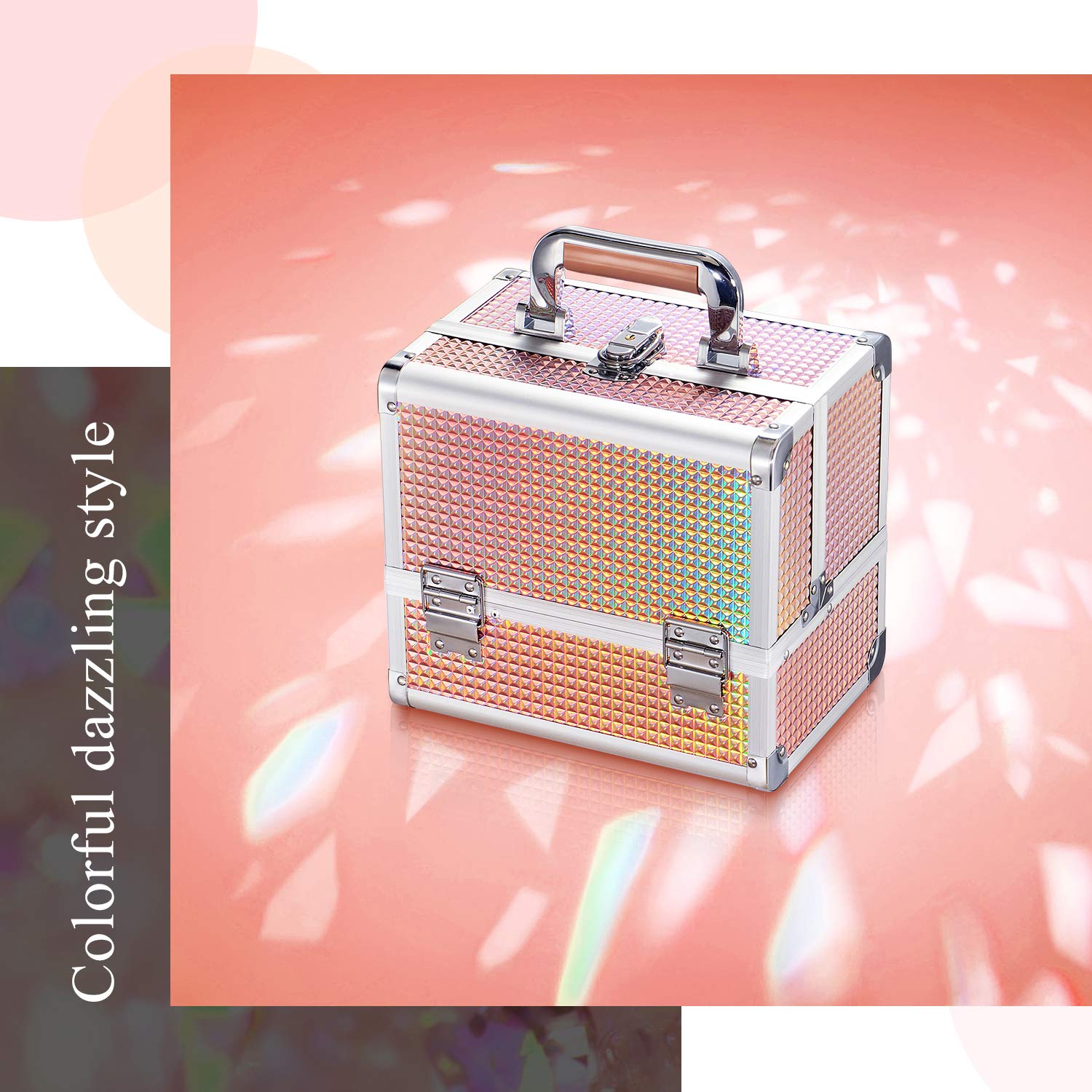 Joligrace Makeup Box 11.6-Inch Cosmetic Train Case for Women Travel Jewelry Organizer with Compartments & Mirror Portable Lockable Make-up Trunk Shiny Style