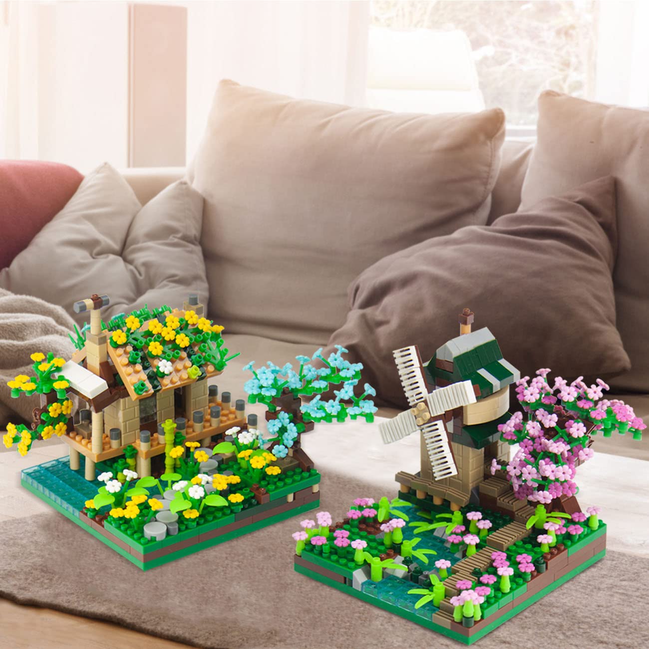 OundarM 2 Sets of Street View Mini Blocks Kit- Cherry Blossom Windmill Bonsai & Cabin Tree Building Blocks Set, Botanical Collection Building Set for Adults, 12+ Teens (1200 Pcs)