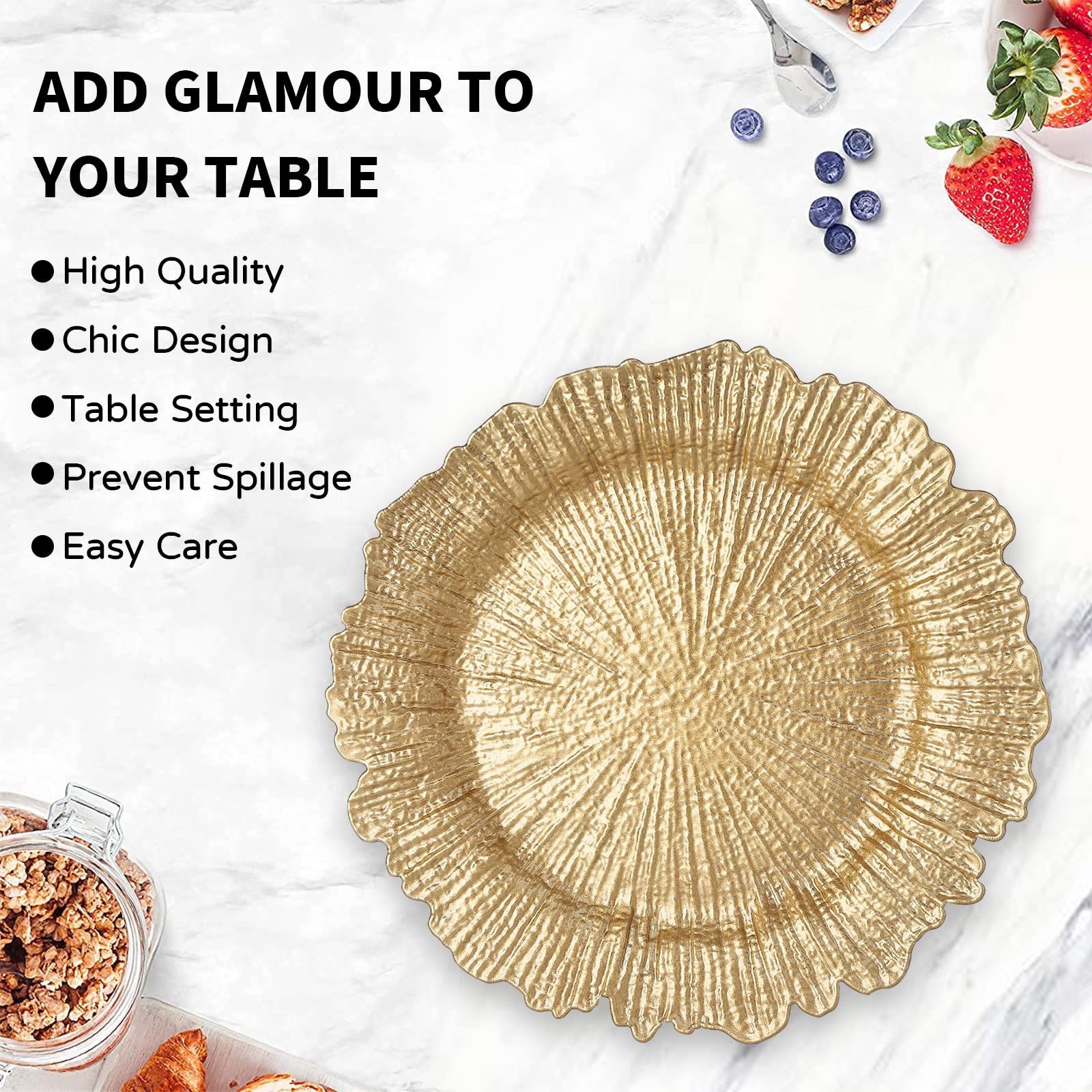 MAONAME Gold Charger Plates Set of 12, Reef Plate Chargers for Dinner Plates, Plastic Decorative Plates for Table Setting, Thanksgiving, Christmas