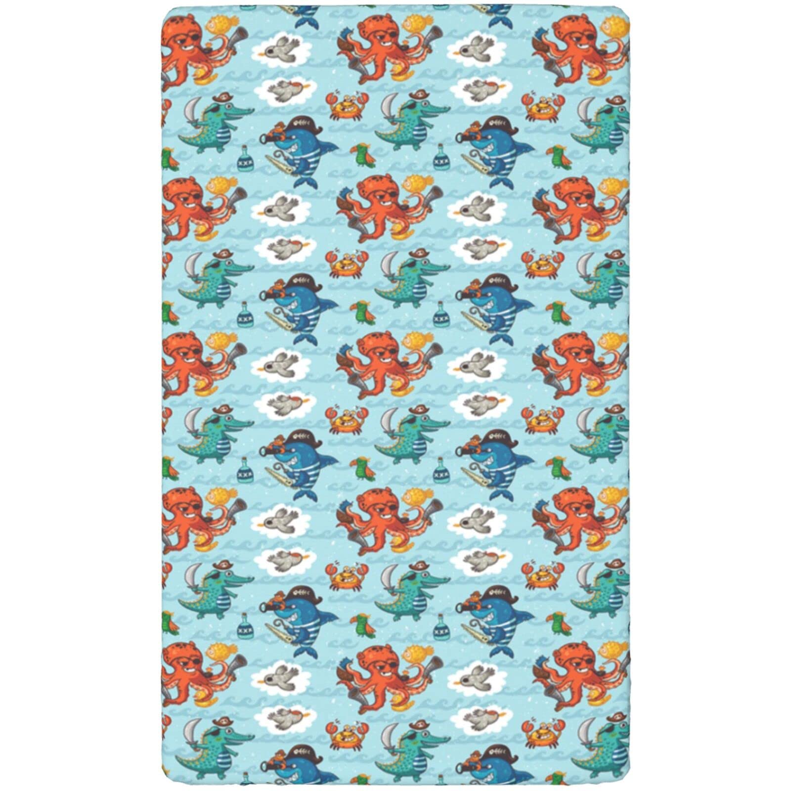 Pirates Themed Fitted Crib Sheet,Standard Crib Mattress Fitted Sheet Ultra Soft Material-Baby Crib Sheets for Girl or Boy,28“ x52“,Multicolor