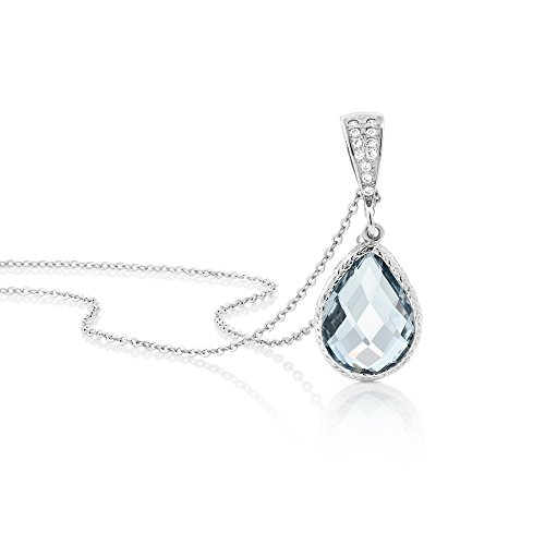 Gem Stone King 925 Sterling Silver Checkerboard Simulated Aquamarine Pendant Necklace (6.20 Cttw, Pear Shaped 16X12MM, with 18 Inch Silver Chain)