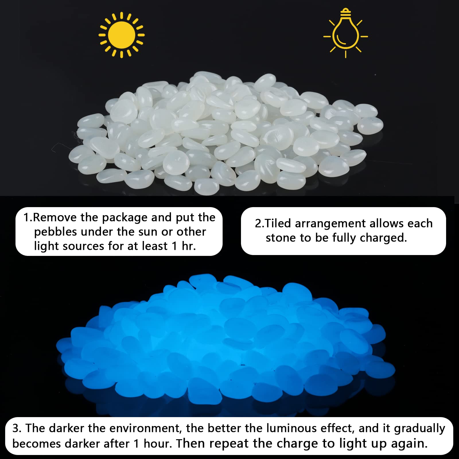 Glow in The Dark Rocks Outdoor Decorative Stones (1000 PCS White Glows Blue) Small Luminous Pebbles for Garden Walkway Fish Tank Aquarium Planter Vase Filler