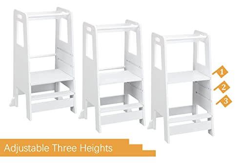 Kid's Wooden Kitchen Step Stool, 220lbs Capacity, Adjustable Platform Standing Tower, with Safety Guardrail Child Studying Tower, Toddler Stool for Bathroom, Cooking Helper(White