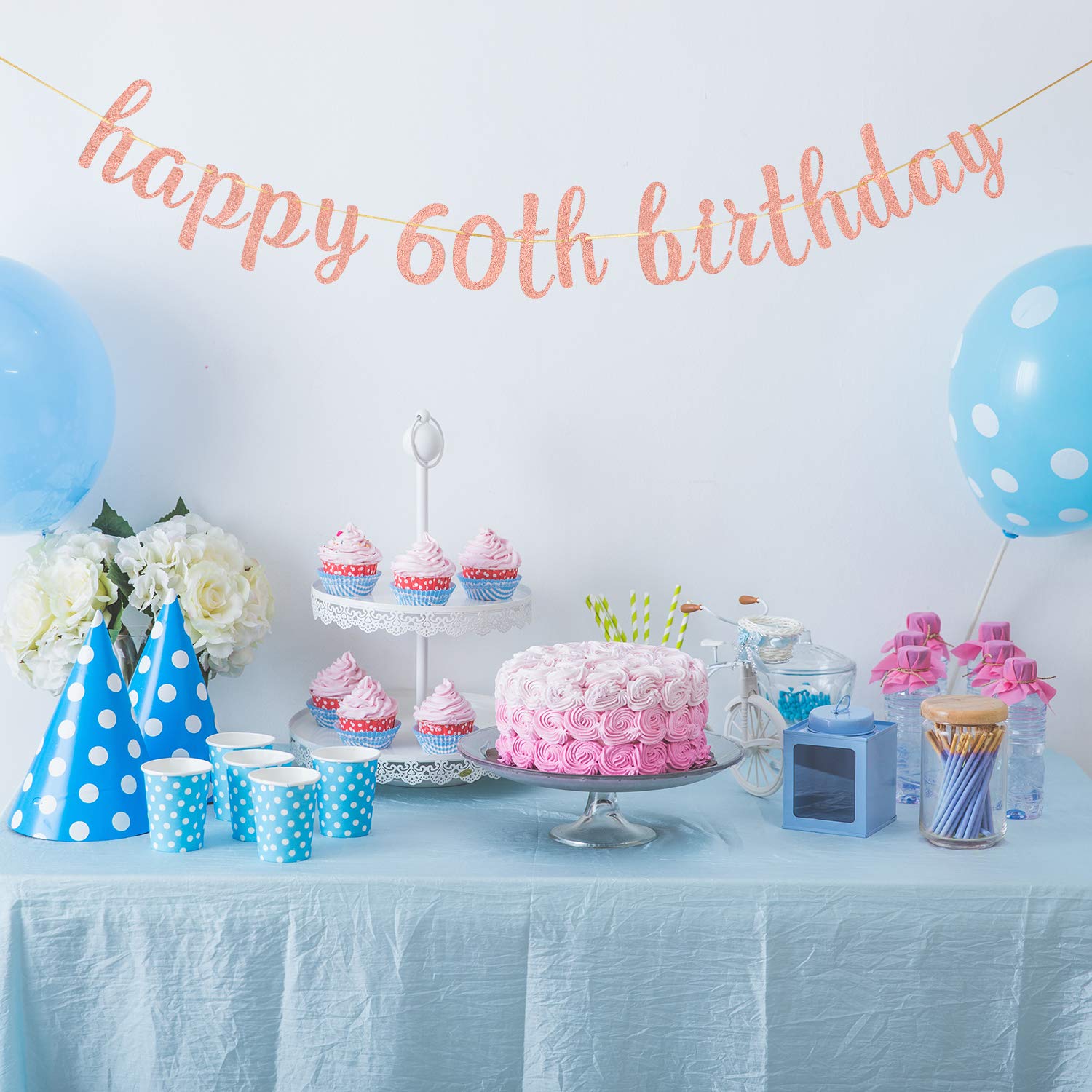 INNORU Glitter Happy 60th Birthday Banner - 60 Bitches Sign Banner - Cheers to 60 Years Birthday Party Bunting Decorations Rose Gold
