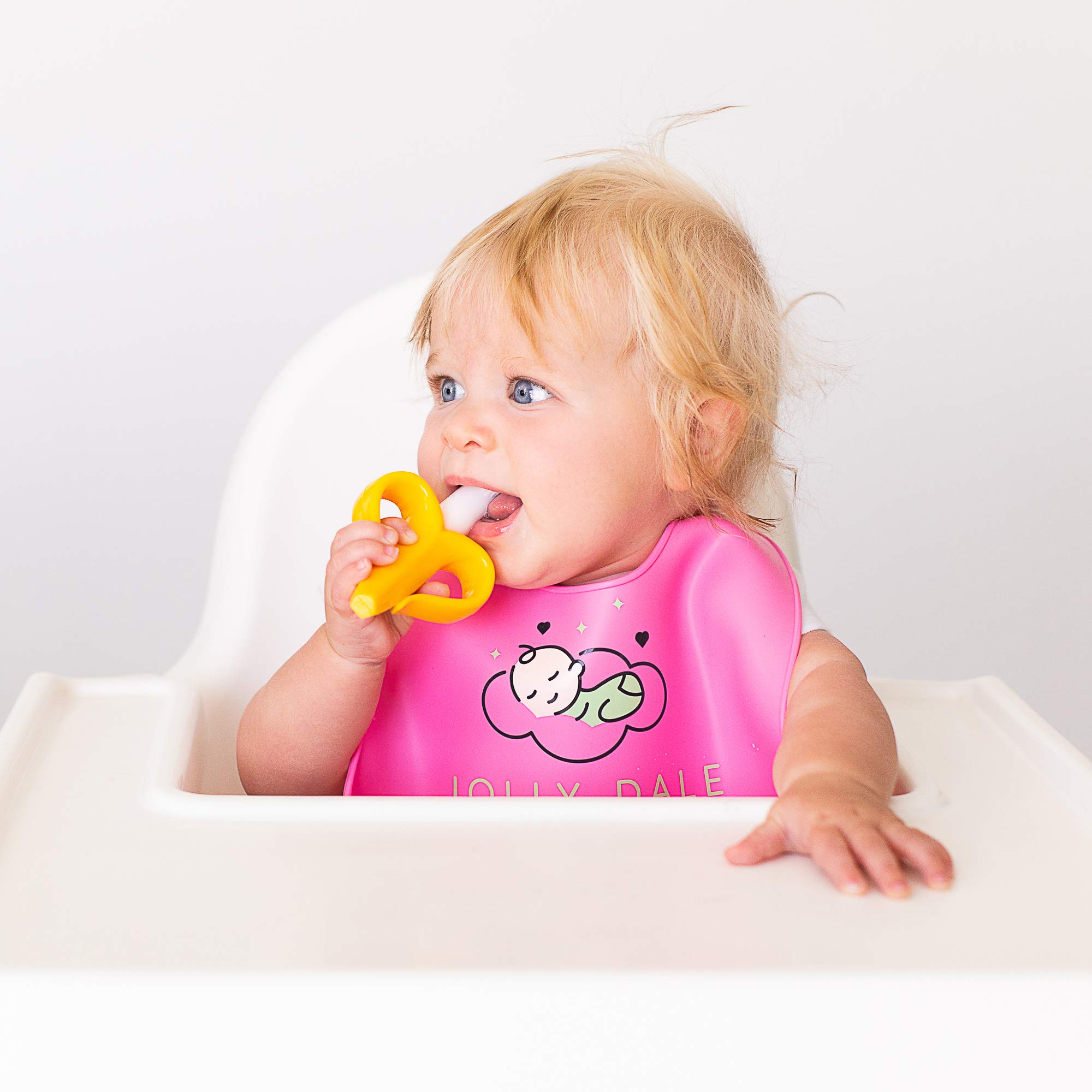 Jolly Dale Baby Teething & Feeding Set with Silicone Baby Bucket Bib, Baby Banana Teether & Baby Mesh Food Feeder Pacifier - Soft, Food-Grade Silicone - Perfect Teether Kit for Babies & Toddlers