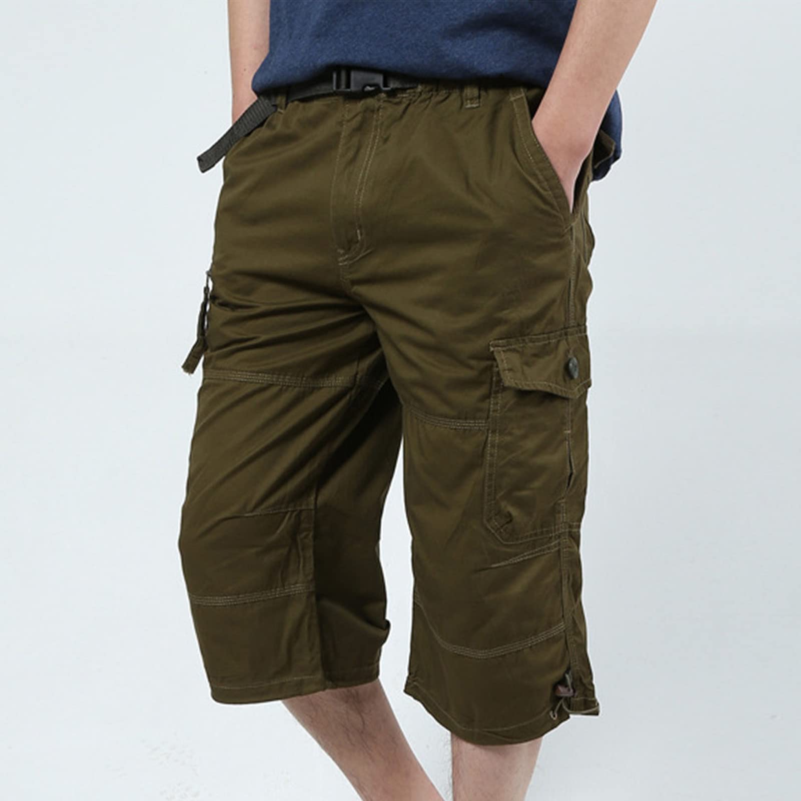 Men's Relaxed Fit 3/4 Cargo Shorts Twill Elastic Waist Multi Pocket Capri Pants Casual Loose Fit Below Knee Short (Yellow,Large)