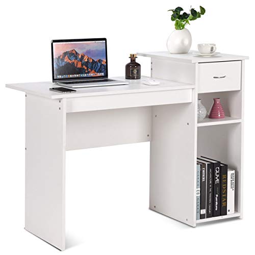 Home Office Bedroom Dorm Living Room Classic Furniture Decor Computer Writing Table Laptop CPU Multifunction Desk with Shelf and Drawer Sturdy White Wood Large Capacity Storage Easy Assembly