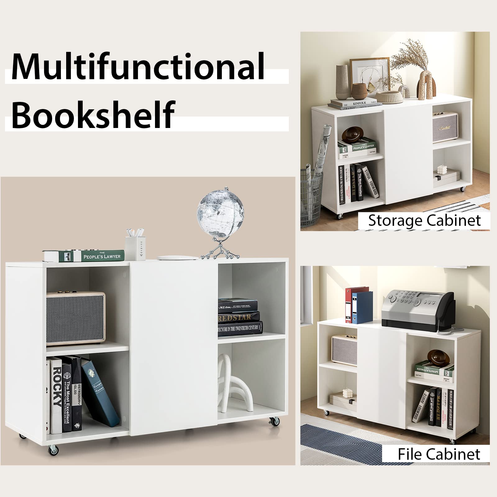 IFANNY Lateral File Cabinet, Wood Storage Cabinet with Doors and Shelves, Kitchen Buffet Sideboard with 6 Universal Wheels, Modern Printer Stand, Mobile Filing Cabinets for Home Office (White)