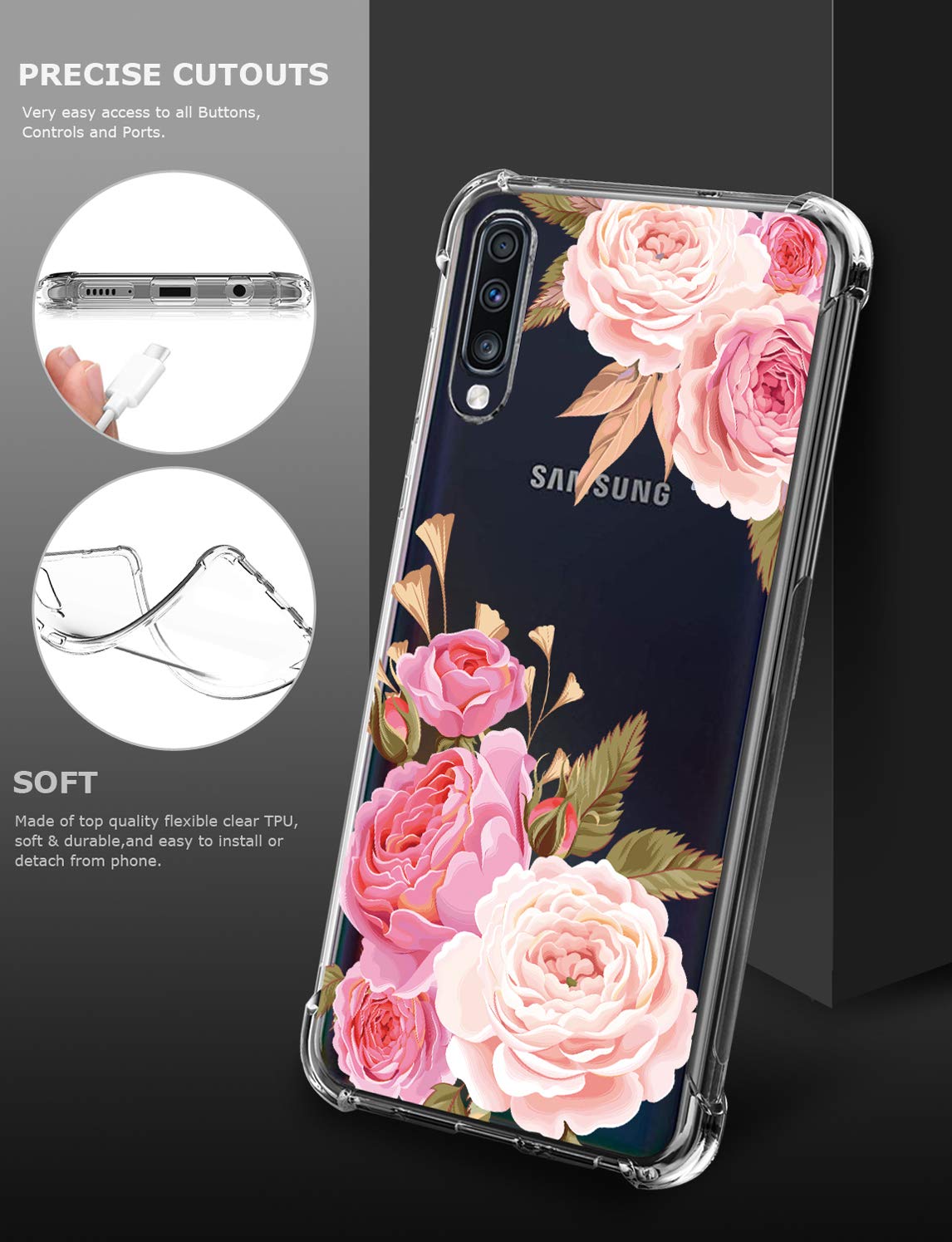 GREATRULY Floral Clear Case for Galaxy A50 for Women Girls,Pretty Phone Case for Samsung Galaxy A50 (2019),Flower Design Transparent Slim Soft Drop Proof TPU Bumper Cushion Silicone Cover Shell,FL-K