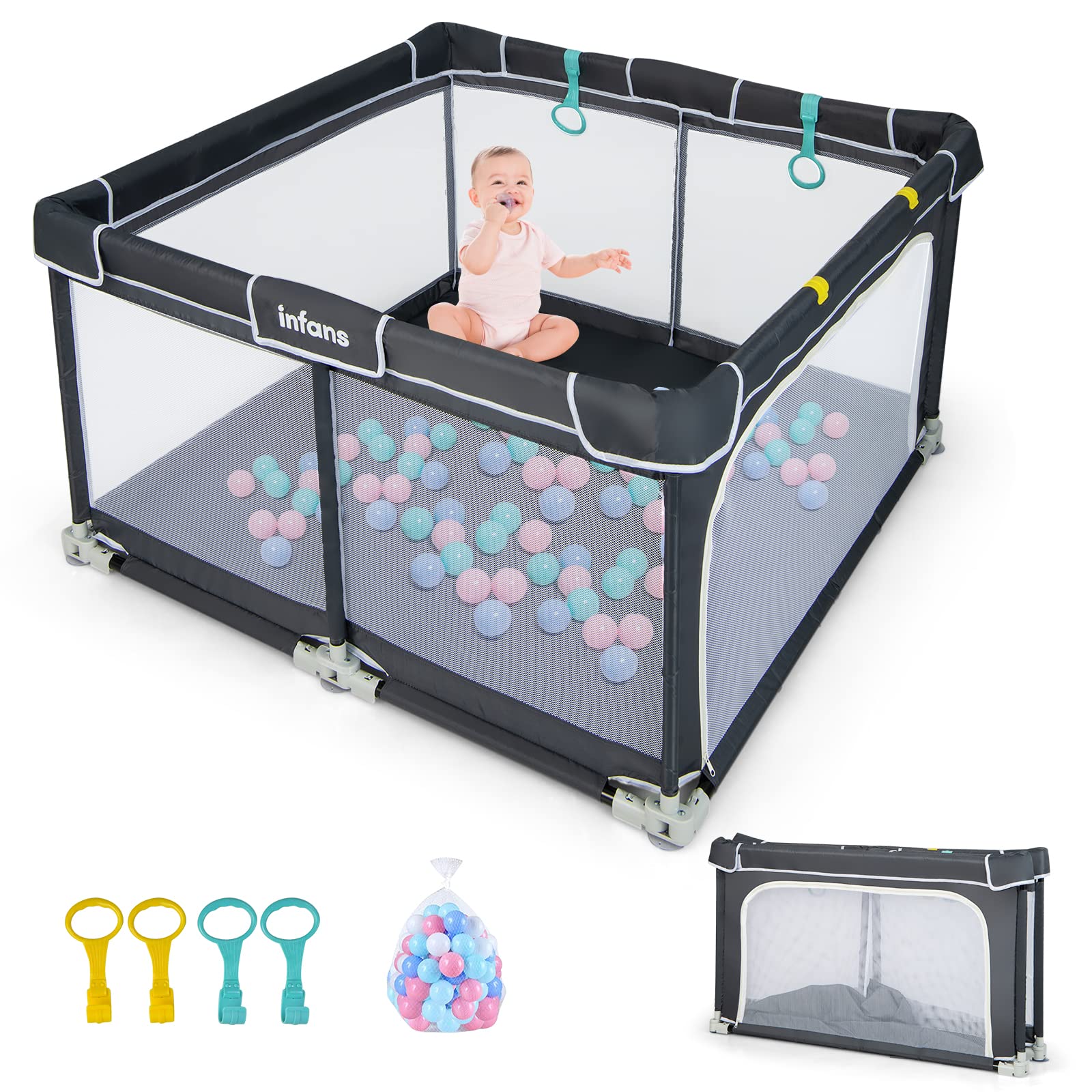 INFANS Baby Playpen, 50โโx50โโ Foldable Large Baby Playard for Toddlers with Gate, Soft Visible Mesh, Indoor Outdoor Kids Activity Center Baby Fence with 4 Handlers 50 Ocean Balls (Black)