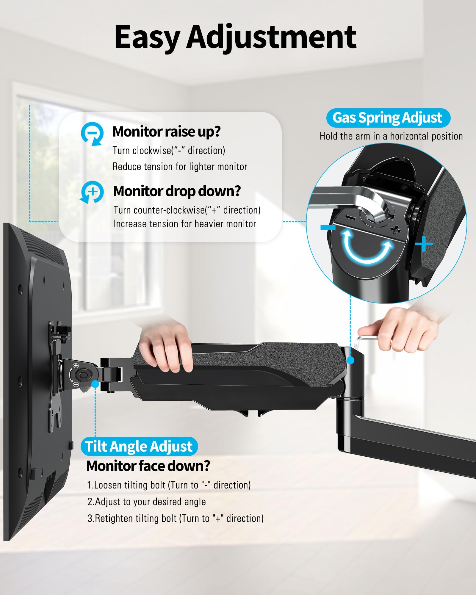 MOUNTUP Single Monitor Wall Mount for Max 32 Inch Computer Screen, Fully Adjustable Gas Spring Monitor Arm, Wall Mounted Monitor Holder Support 2.2-17.6lbs Display, VESA Bracket Fit 75x75mm, 100x100mm
