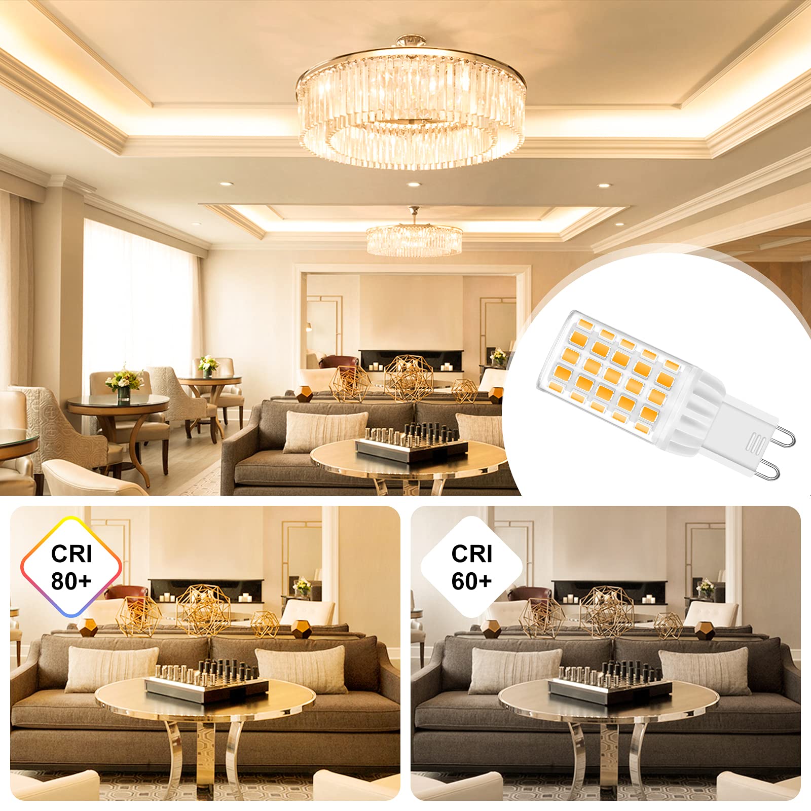 JandCase G9 LED Bulb Dimmable, G9 LED Light Bulbs, 6W (60W Halogen Equivalent), Soft White 3000K, 600LM, G9 Bi-pin Base, 360° Beam Angle, for Home Lighting, Ceiling Lamp, Chandelier, 2 Pack