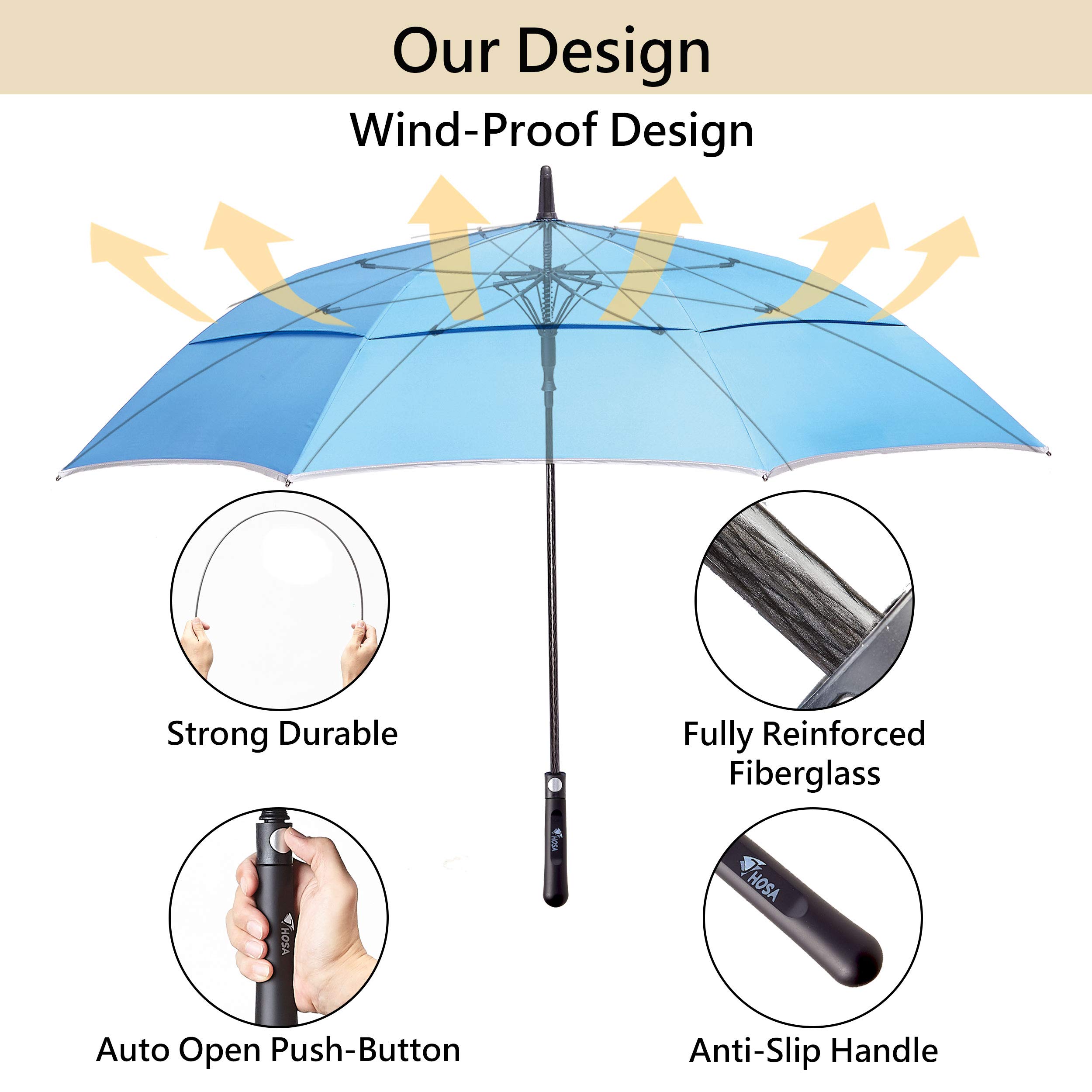 HOSA 54/68 Inch Automatic Open Golf Umbrella, Durable Extra Large Stick Umbrella, Windproof Water Resistant, Double Canopy, UV Protection, Multiple Colors for Men Women