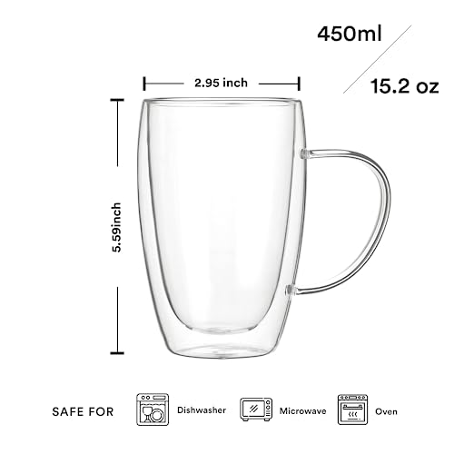 MARKABLE Interiorsbydebbi Selected Double Wall Glass Coffee Mug, 15.2 Ounces-Clear Glass Coffee Cup with Handle, Insulated Coffee Glass, Cappuccino Cup, Tea Cup, Latte Cup, Beverage Glass