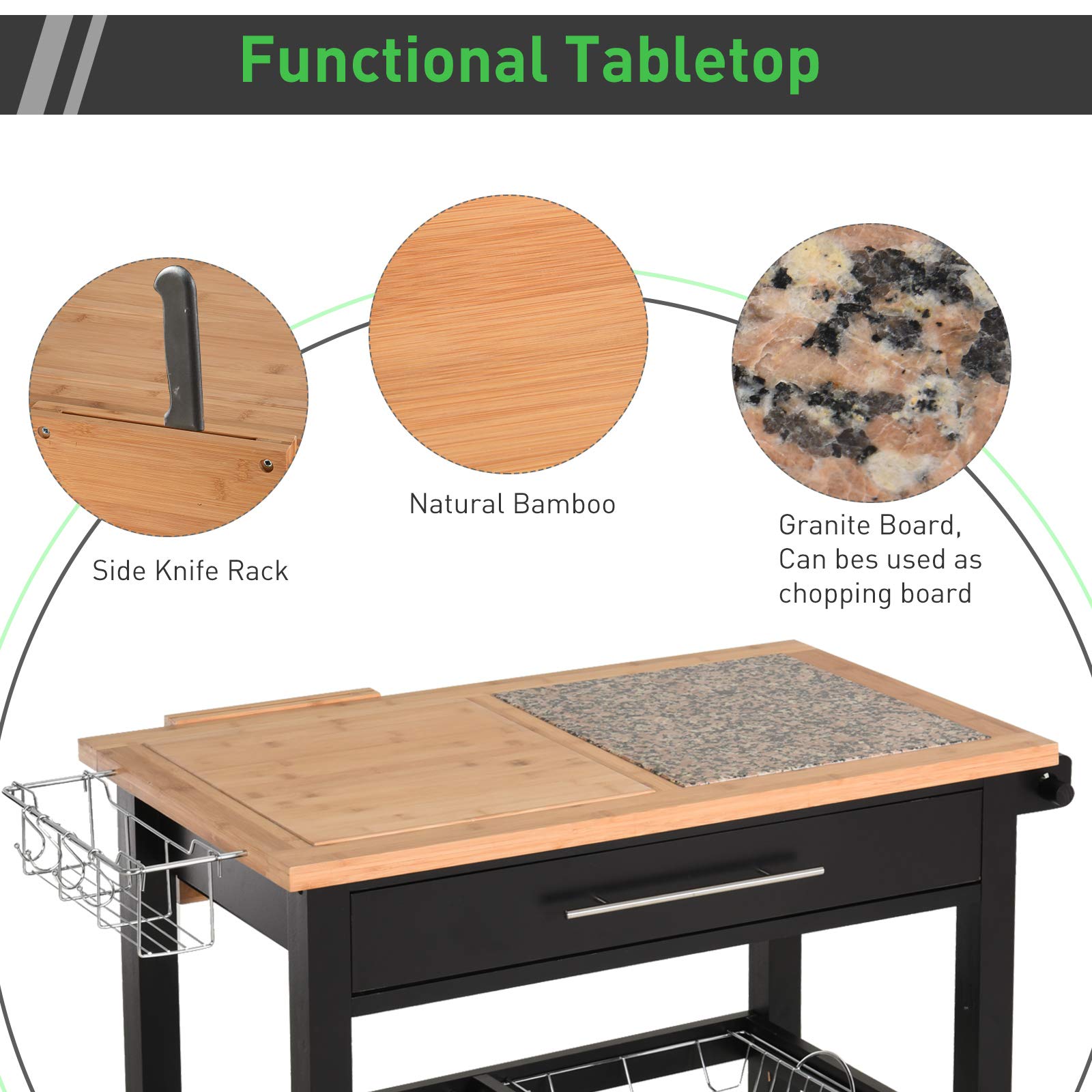 HOMCOM Rolling Mobile Kitchen Island Cart with Granite & Bamboo Countertop, Knife Rack, Integrated Spice Rack & Storage Drawer