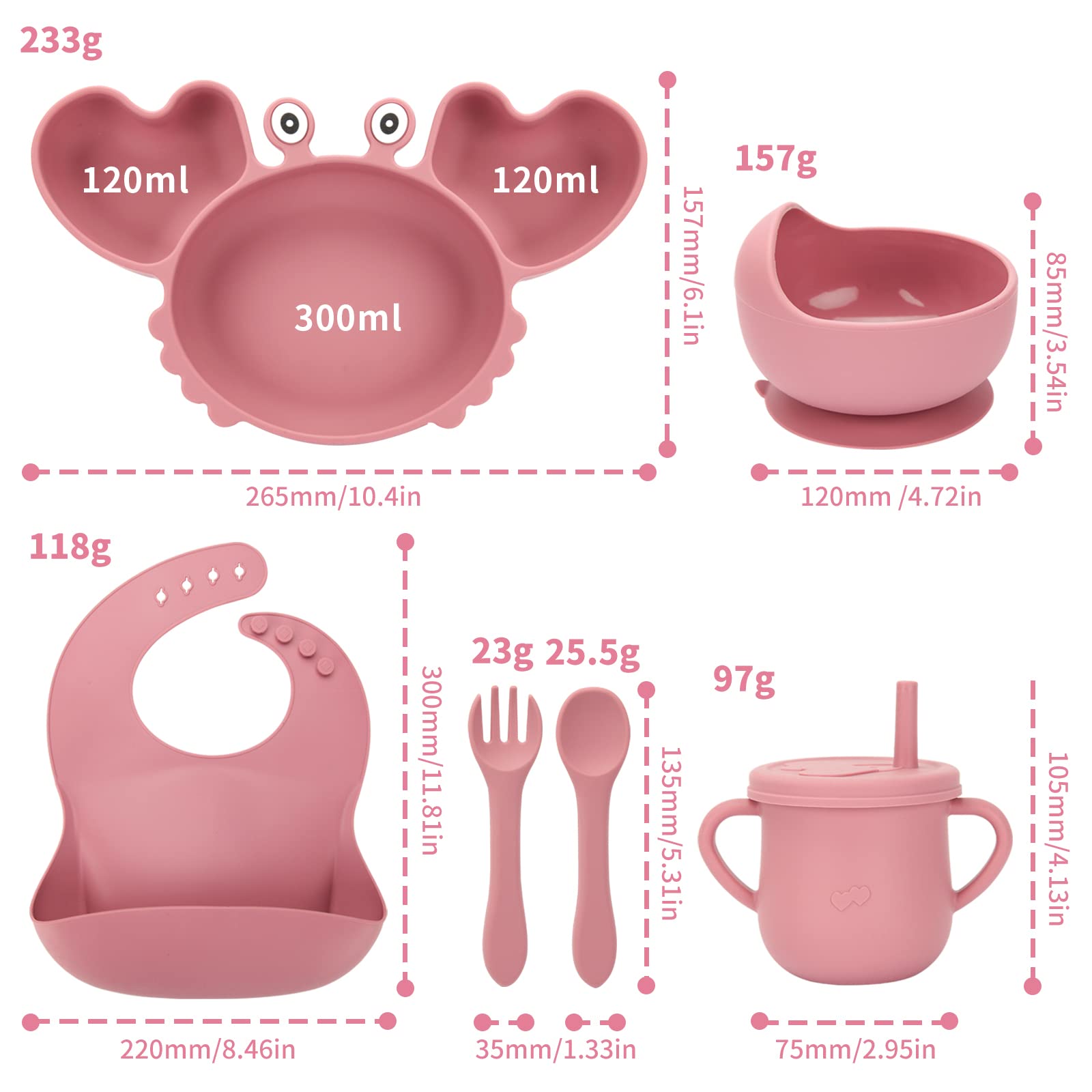 Puxdiauk Baby Feeding Set,6 Pcs Silicone Toddler Plates and Bowls Set with Suction Bowl Crab Divided Plate Adjustable Bibs Spoon Fork Cup with handle, Sturdy and BPA Free for Toddler Kid, Dark Pink