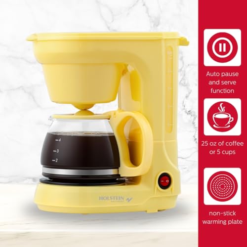 Holstein Housewares - 5 Cup Drip Coffee Maker - Convenient and User Friendly with Permanent Filter, Borosilicate Glass Carafe, Water Level Indicator, Auto Pause/Serve and Keep Warm Functions,Yellow