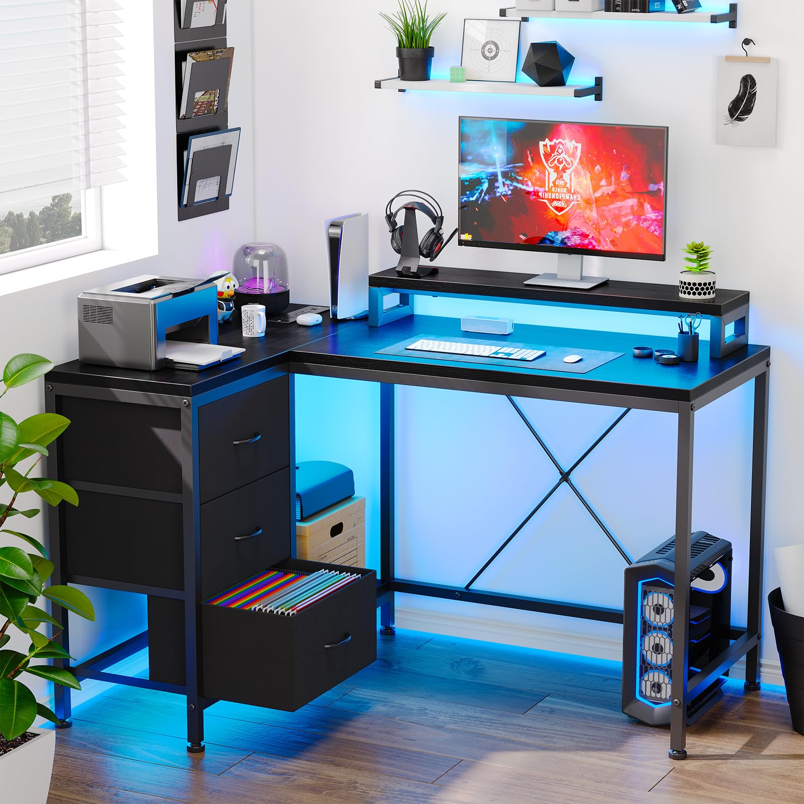 Patikuin L Shaped Desk with Power Outlets & LED Lights, Computer Desk with Drawers & Shelves, Corner Desk Gaming Desk Home Office Desk, Rustic Brown