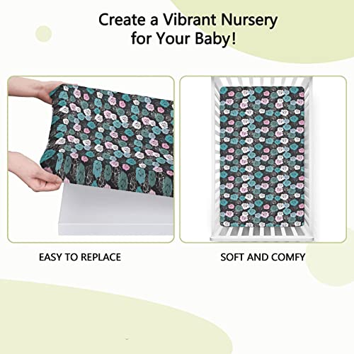 Roses Themed Fitted Crib Sheet,Standard Crib Mattress Fitted Sheet Soft & Stretchy Fitted Crib Sheet-Crib Mattress Sheet or Toddler Bed Sheet,28β x52β,Baby Pink Cadet Blue
