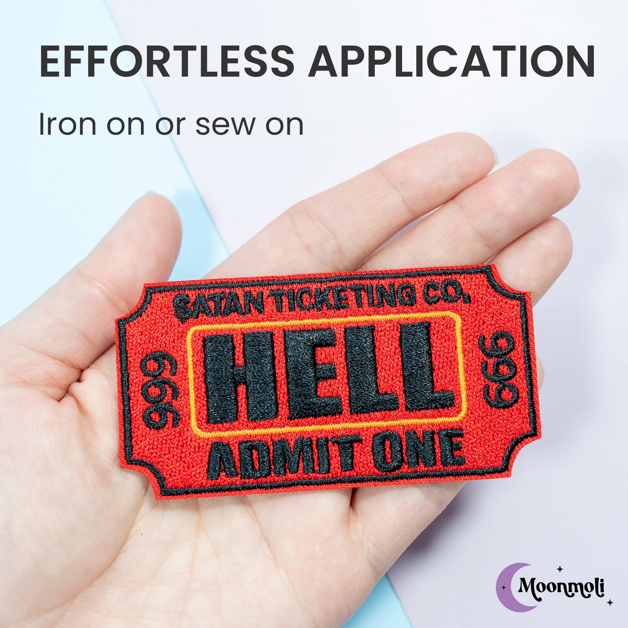 Moonmoli Ticket to Hell Admit One Iron on Embroidered Patches - 3"Wx1.5"H Red/Black Funny Patches β Iron on or Sew On Patches for Clothes, Jacket, Jeans, Hat, Backpack