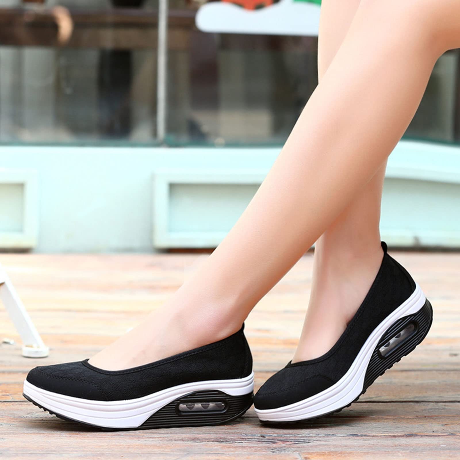 Keilinia Women's Slip on Breathe Knitted Sneakers,Lightweight Comfy Air Cushion Low Orthopedic Wedge Running Nursing Shoes (6,Black)
