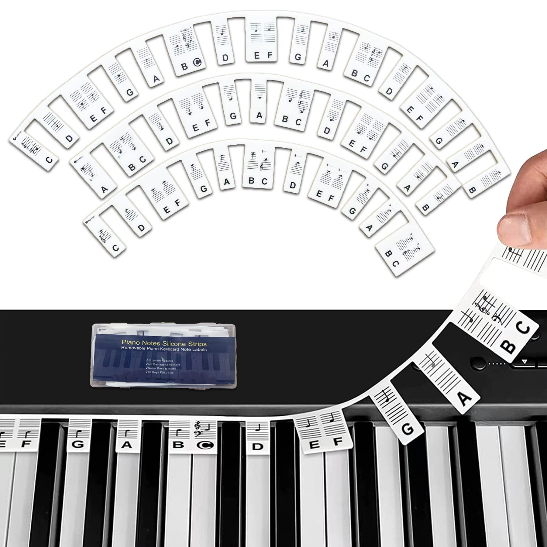 KYHSOM Piano Notes Guide for Beginner | Removable Piano Keyboard Note Labels for Standard Size 61/88 Key Pianos | Silicone Material | Say Goodbye to Traditional Piano Stickers (Black white)
