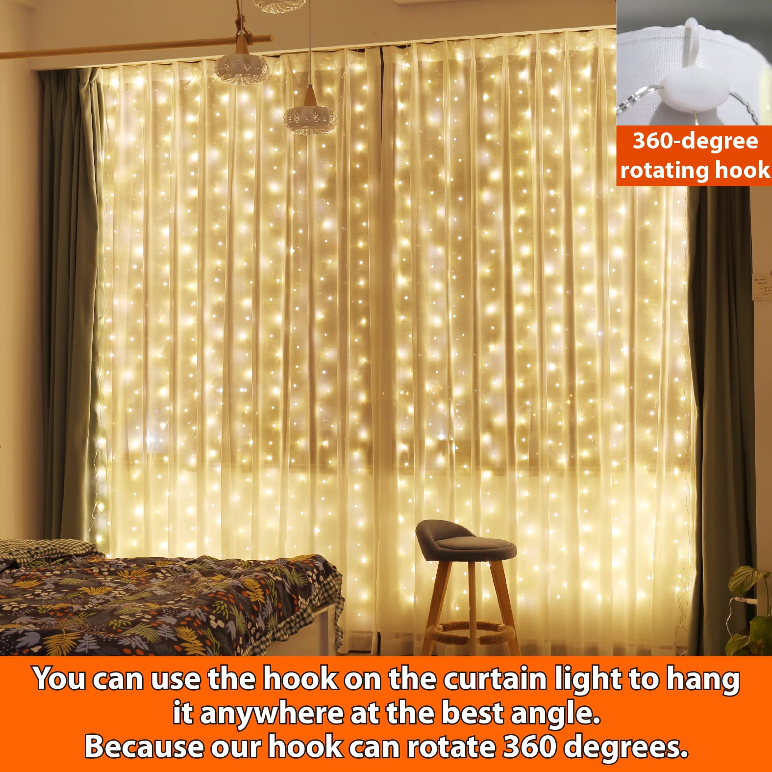 HXWEIYE Upgrade Curtain Fairy Lights Warm White 300LED with Rotating Clips & 12 Hooks, 9.8x9.8Ft Led String Light, Timer & 8 Modes USB Plug-in DIY Decorative Light for Bedroom Indoor Outdoor Wedding