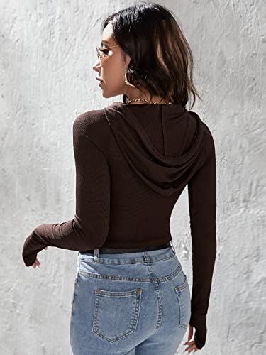 Milumia Women's Drawstring Hooded Crop Tee Long Sleeve Rib Knit T Shirts Sweatshirt with Thumbhole Chocolate Brown Small