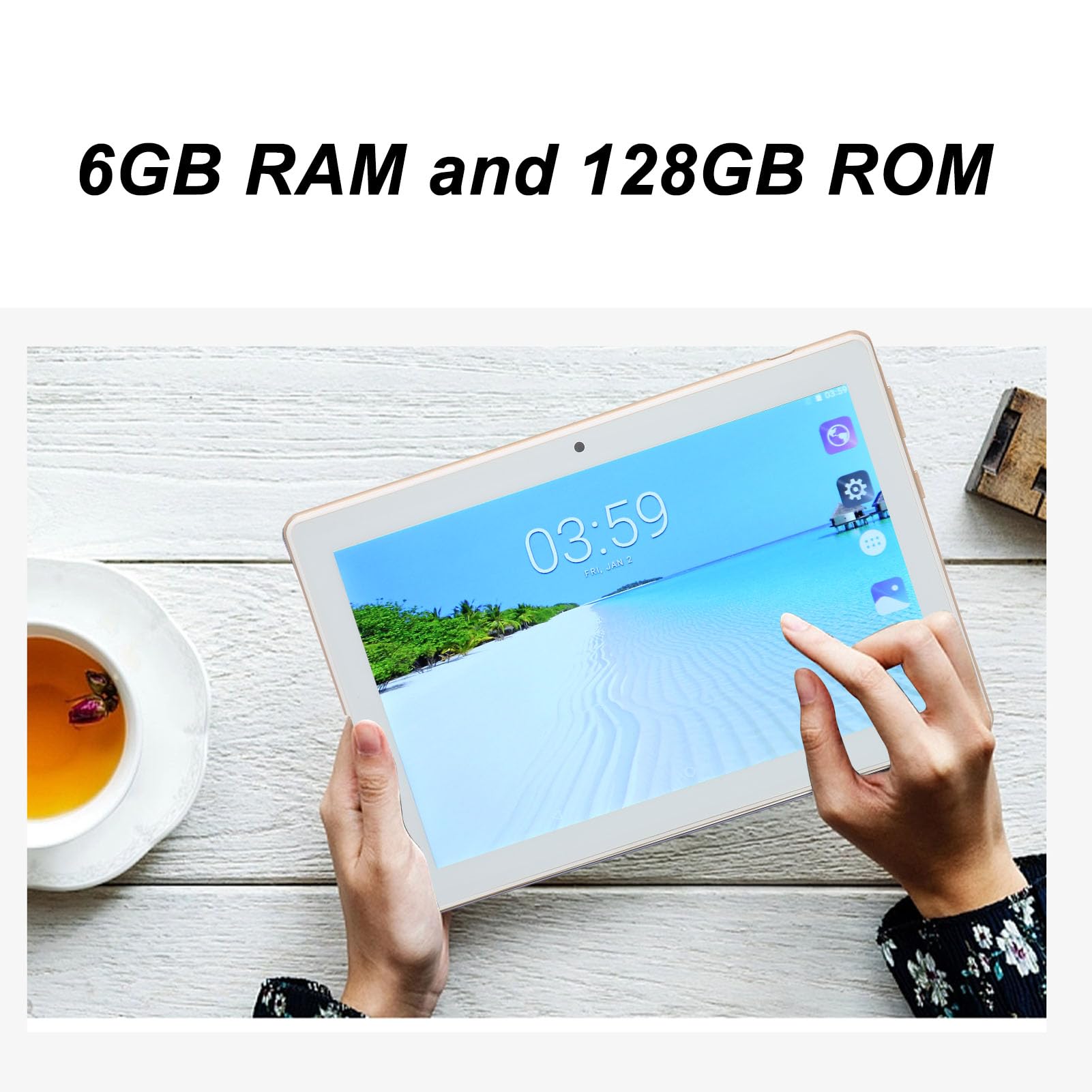 jerss Office Tablet, Octa Core CPU US Plug 100‑240V HD Tablet Dual Camera for Travel (Gold)