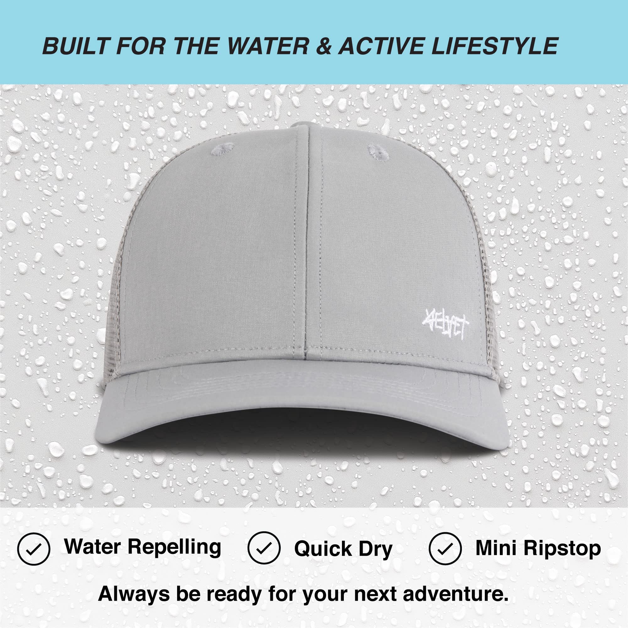 Hydro Waterproof Trucker Men's Hat, Performance Water Proof Floating Snapback Baseball Cap for Boating, Golf, Gym, Lightweight Headwear with Sweat Resistant Band. One Size Fits All, Unisex Gray