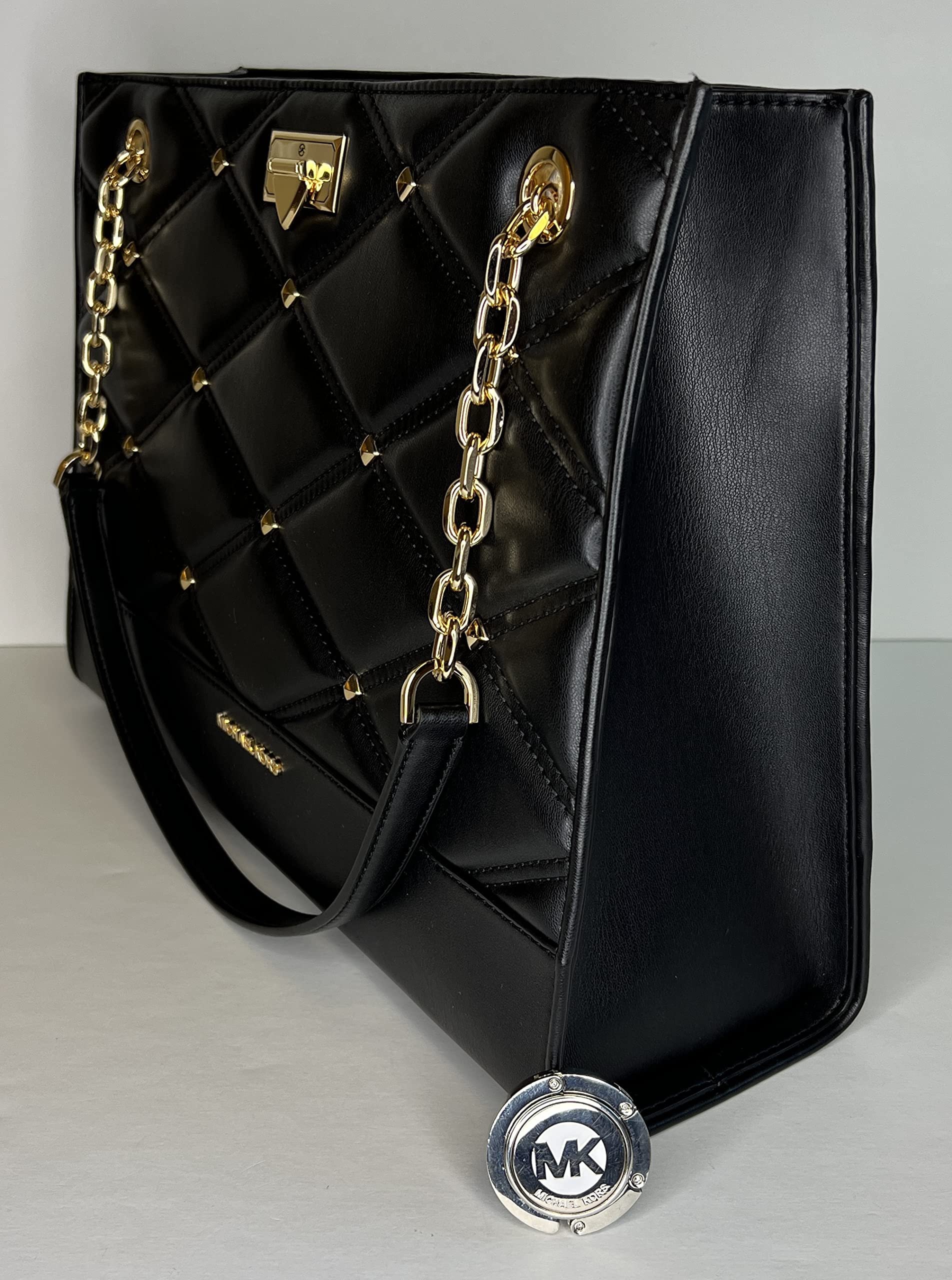 Michael Kors Serena LG EW Chain Shoulder Tote bundled with Trifold Wallet and Purse Hook (Black)