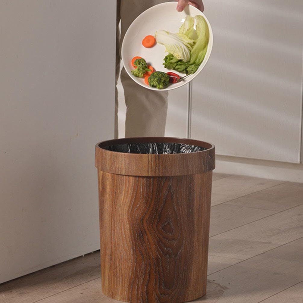 PRETYZOOM Wood Grain Trash Can, 10L Round Plastic Wastebasket Bedroom Kitchen 11x9 Inch Vintage Recycling Bin Rustic Garbage Can with Removable Bag Holder for Bathroom Offices
