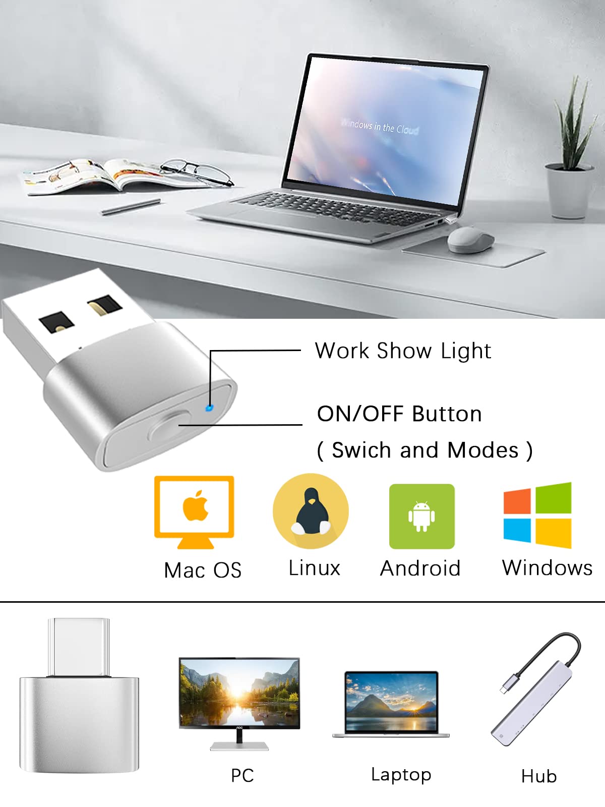 Mouse Jiggler,Movement to Keep Computer Awaking, Undetectable NO Software Required USB Mouse Jiggler Mover for Computer Laptop PC, Plug and Play with 2 Trail Modes,with USB-C Adapter, Al Alloy Silver