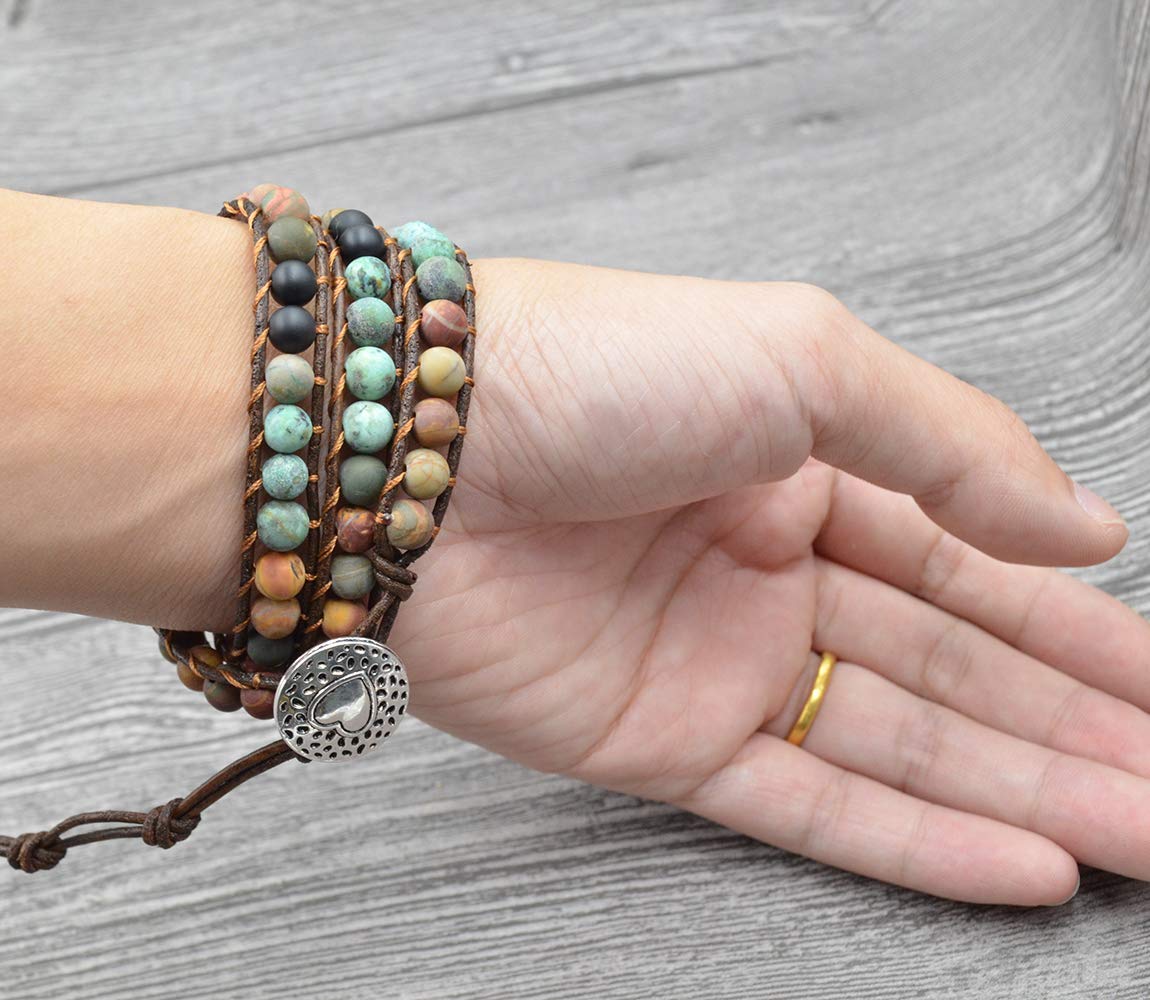 Izpack Fashion Love Heart Beaded Leather 3 Wrap Bracelets for Women Handmade Boho Natural Stone Ball Beads Wrist Bracelet Nice Gifts New Adjustable
