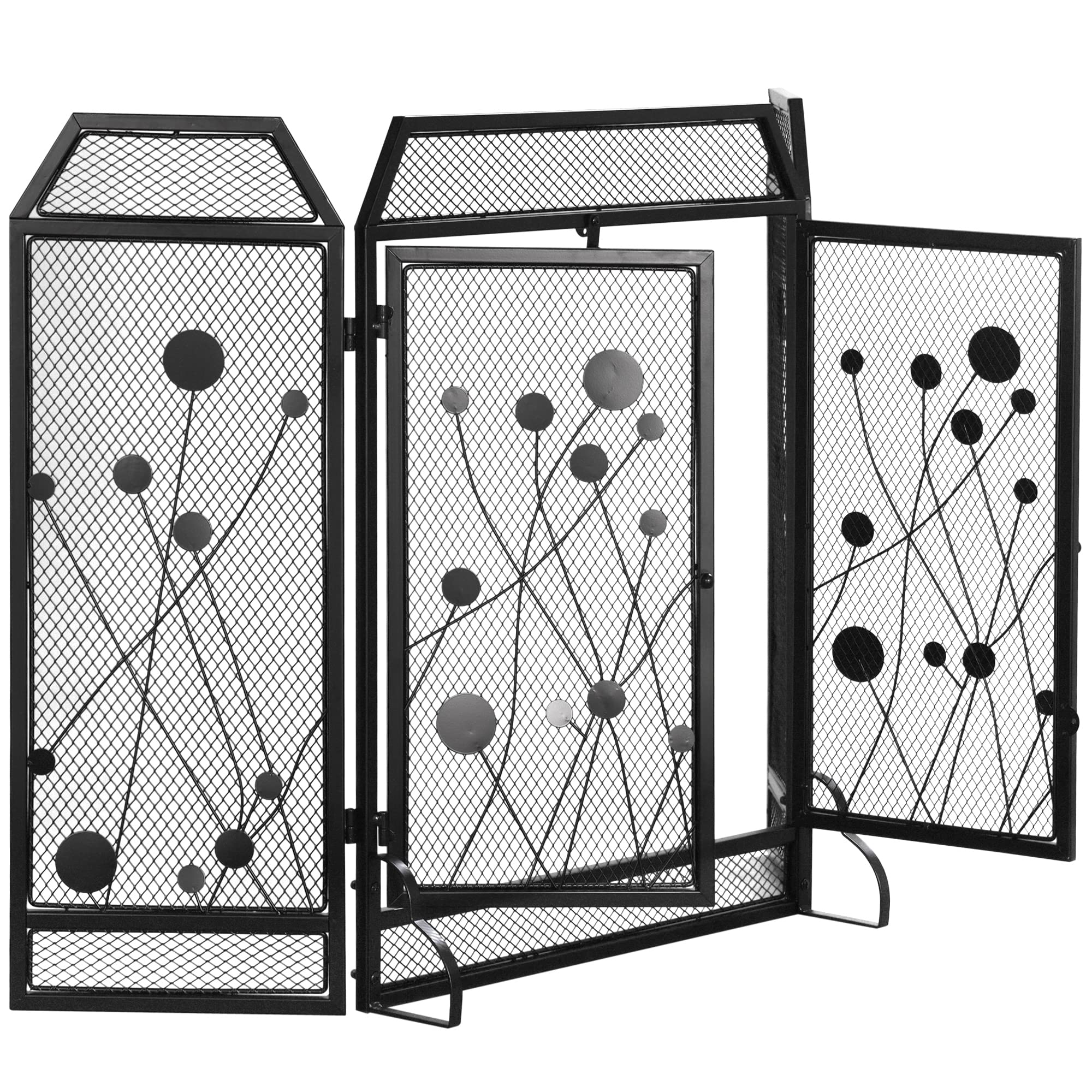HOMCOM 3-Panel Metal Fireplace Mesh Screen Home Folded Steel Spark Protection with Magnetic Doors 49.25" x 31.5", Black