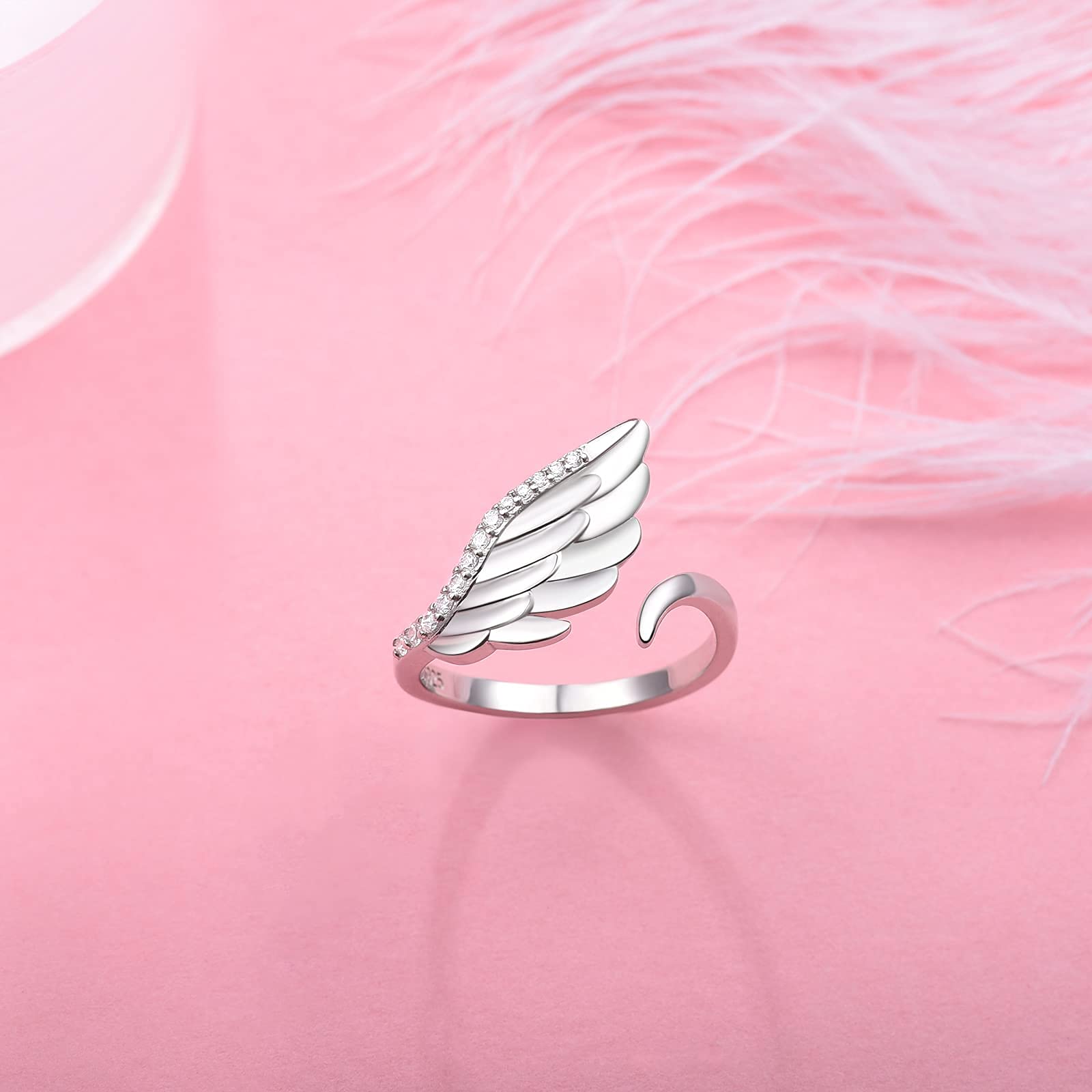Hioed 925 Sterling Silver CZ Jewelry Feather Angel Wing Open Ring Adjustable Rings for Women Gifts