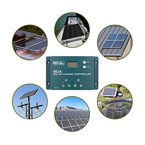HQST 20A Charge Controller PWM 12V/24V Positive Ground Solar Panel Controller with LCD Display USB Port Overload Protection, Compatible with Gel, Flooded and Sealed Lead Acid/AGM Batteries