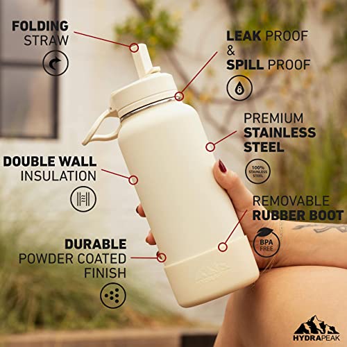 Hydrapeak 32oz Sport Insulated Water Bottle with Straw or Chug Lid, Premium Stainless Steel Water Bottles, Leak & Spill Proof, Keeps Drinks Cold for 24 Hours, Hot for 12 Hours (32oz, Black)